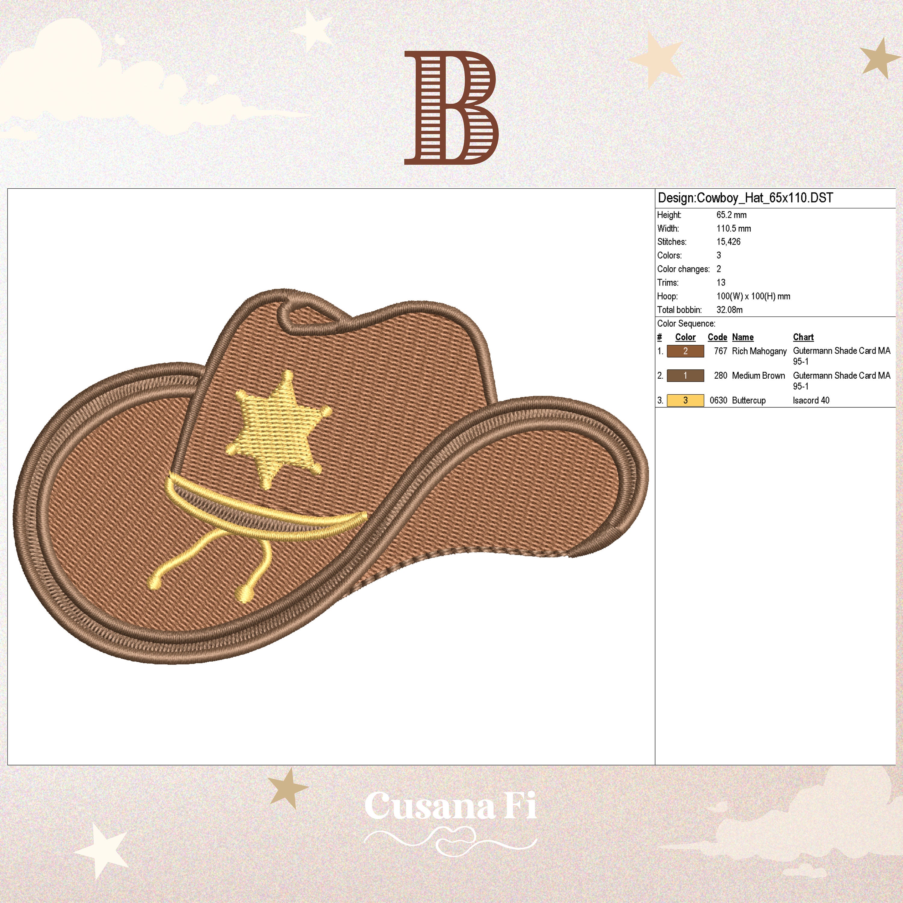 Western Cowboy Sheriff's Hat Machine Embroidery Design 3 Sizes Instant ...