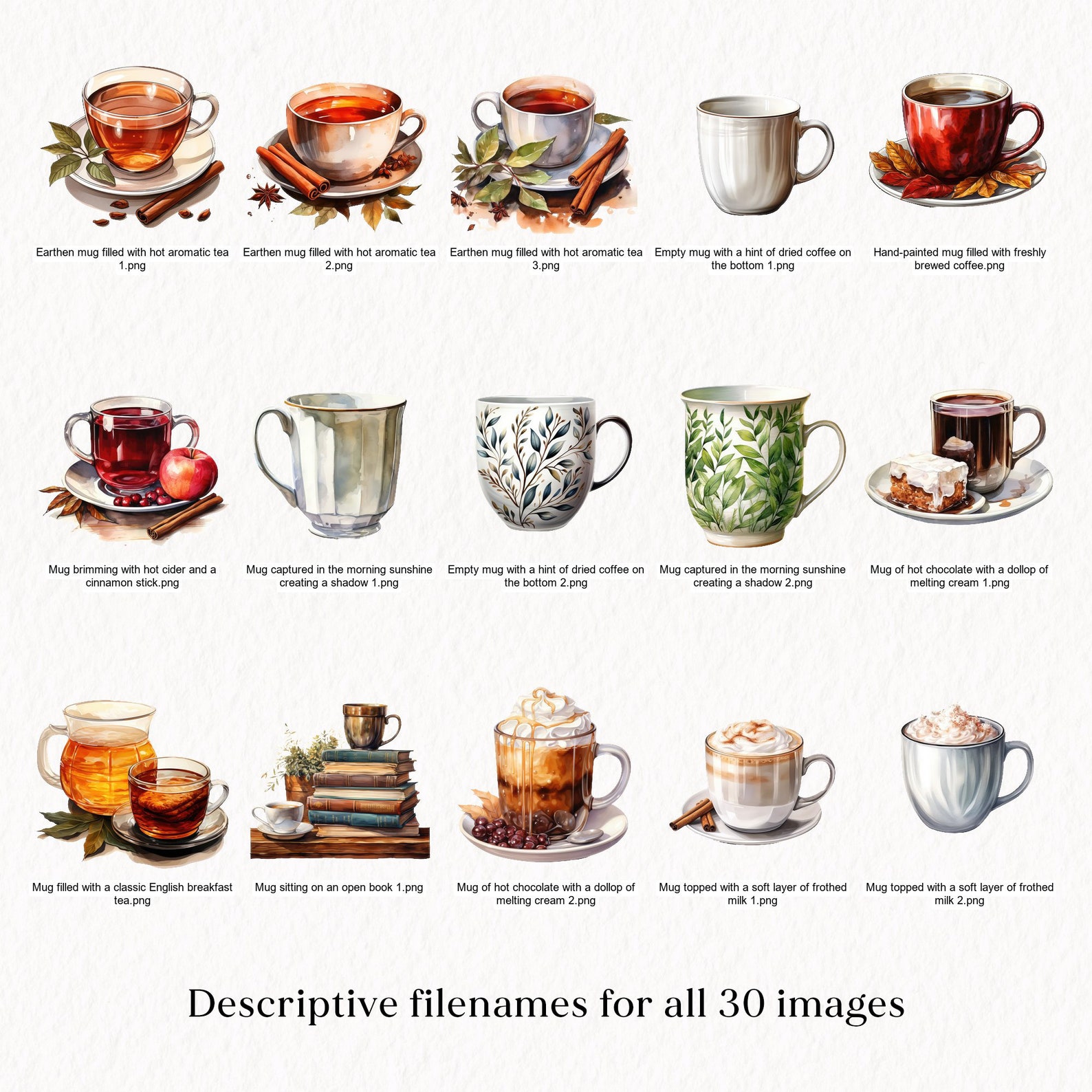 Cozy Mugs Watercolor Clipart Bundle 30 Premium Pngs of Charming Vintage ...