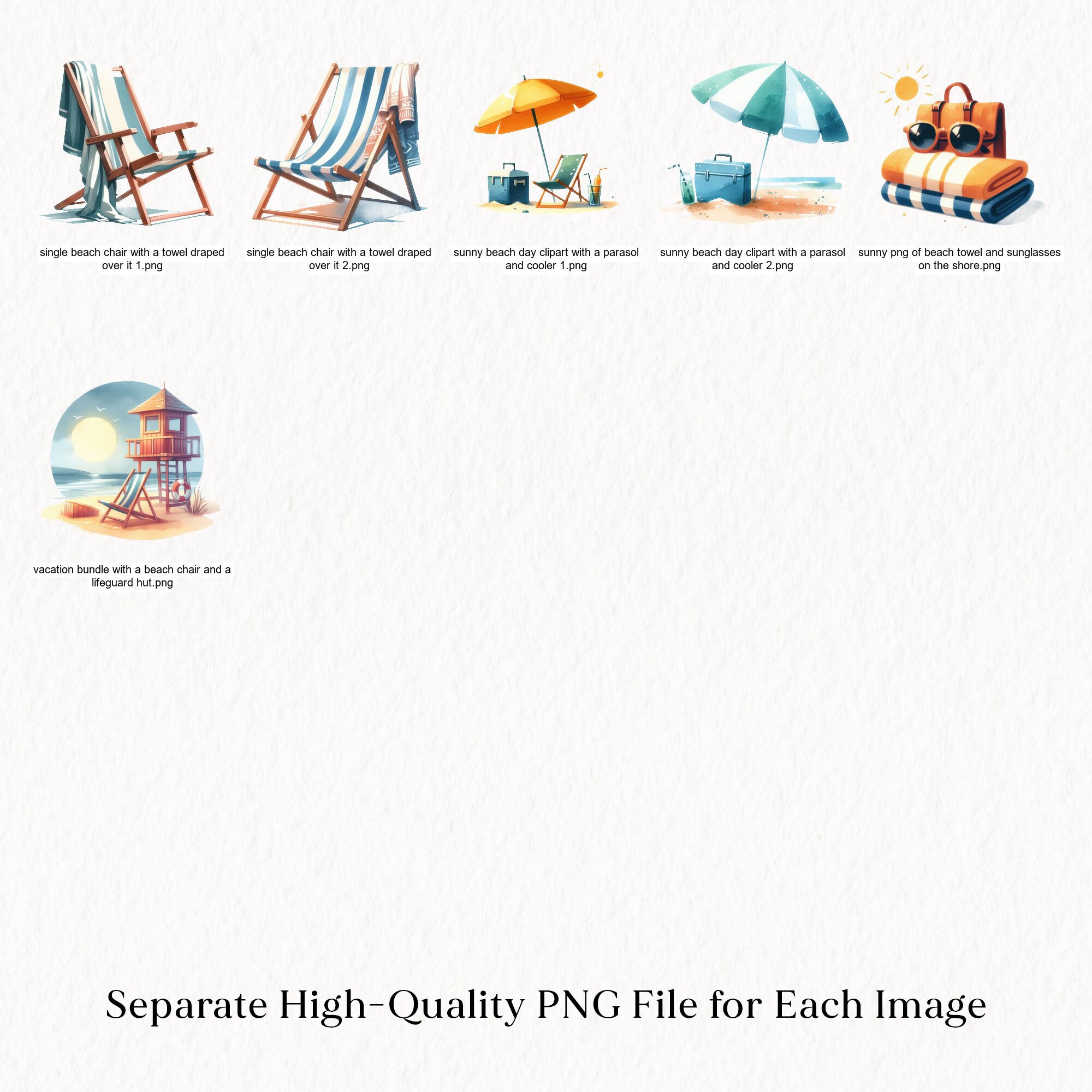 Beach Clipart Watercolor Bundle PNG, Beach Day Set, Beach Chair, Beach ...