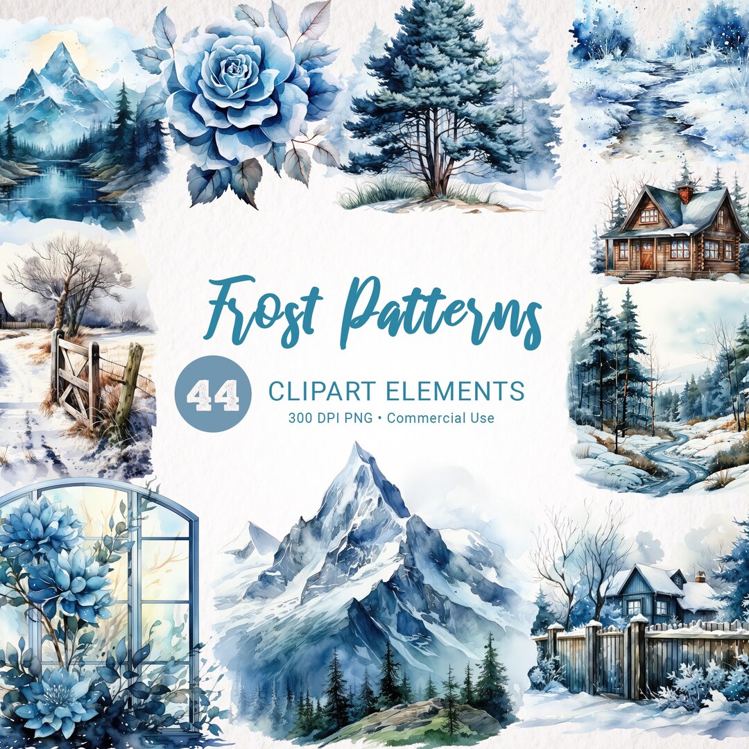 Frost Patterns Watercolor Clipart Bundle - 44 PNG Images of Winter ...