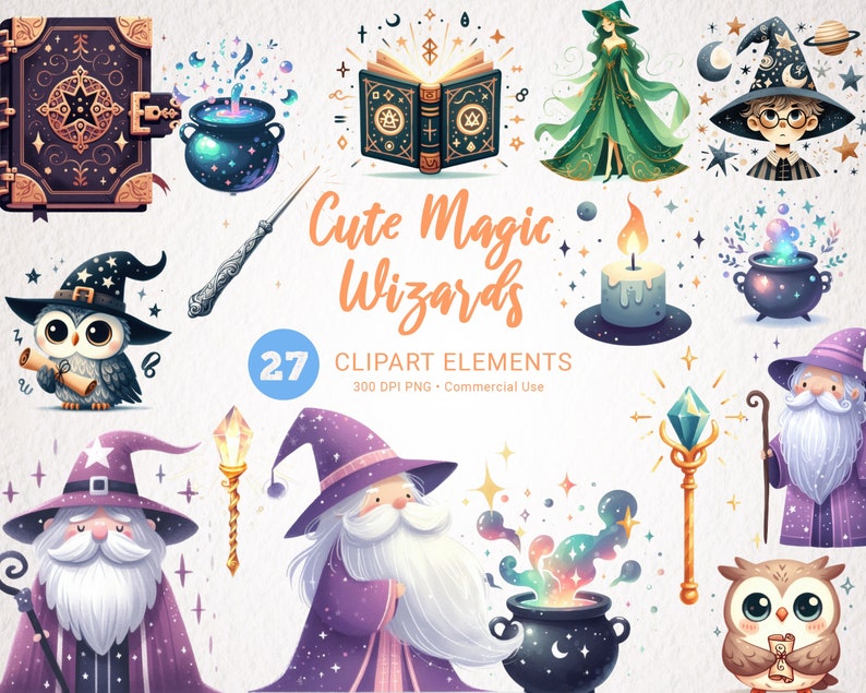 Magic Wizards Watercolor Clipart Bundle 27 PNG Images, Cute Wizard ...