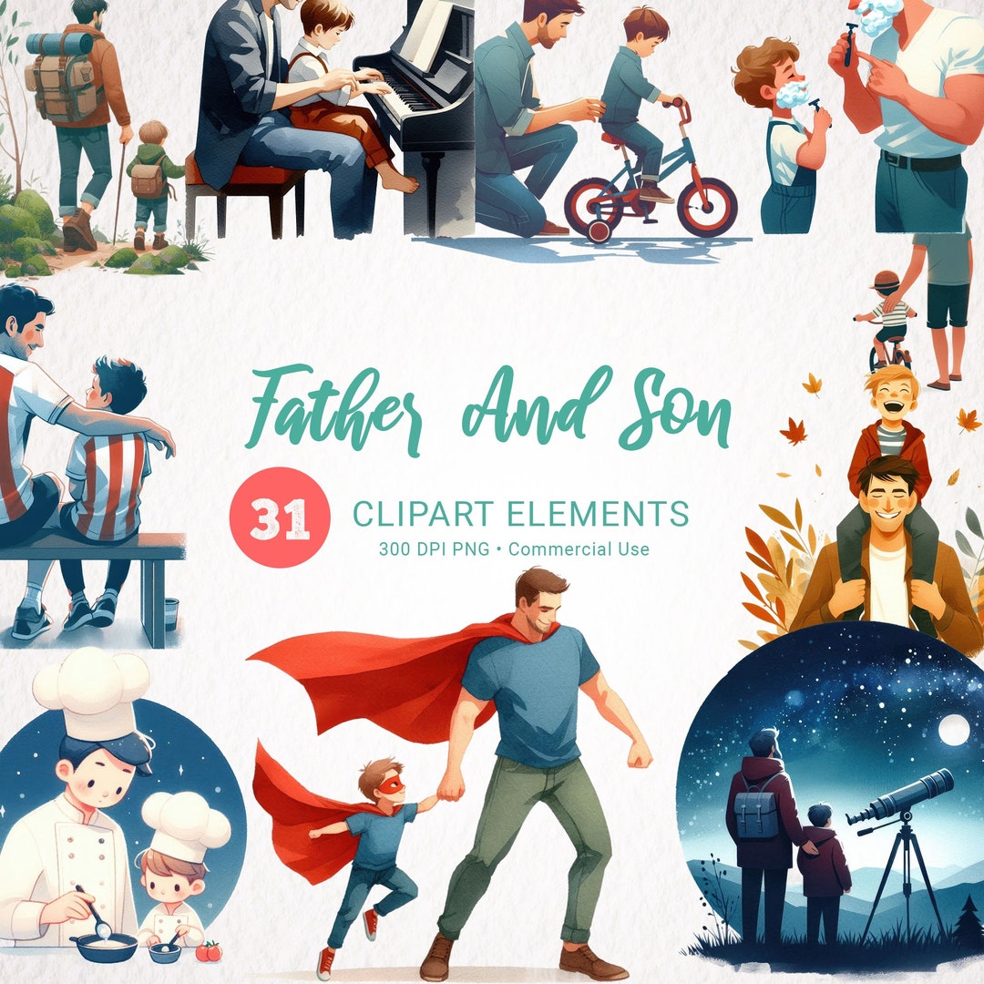 Father and Son Watercolor Clipart Bundle - 31 PNG Family Moments for ...