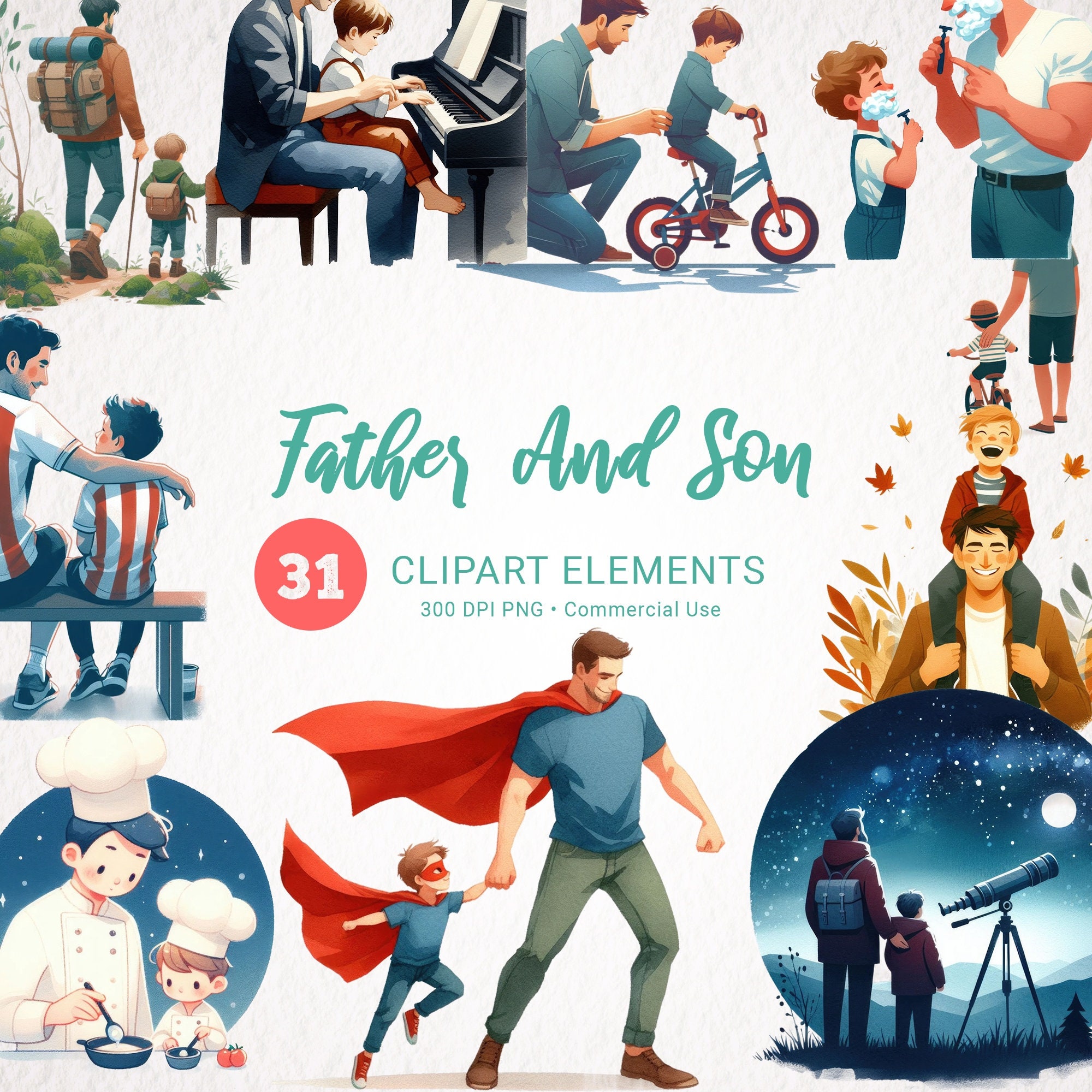 Father and Son Watercolor Clipart Bundle 31 PNG Family Moments for ...