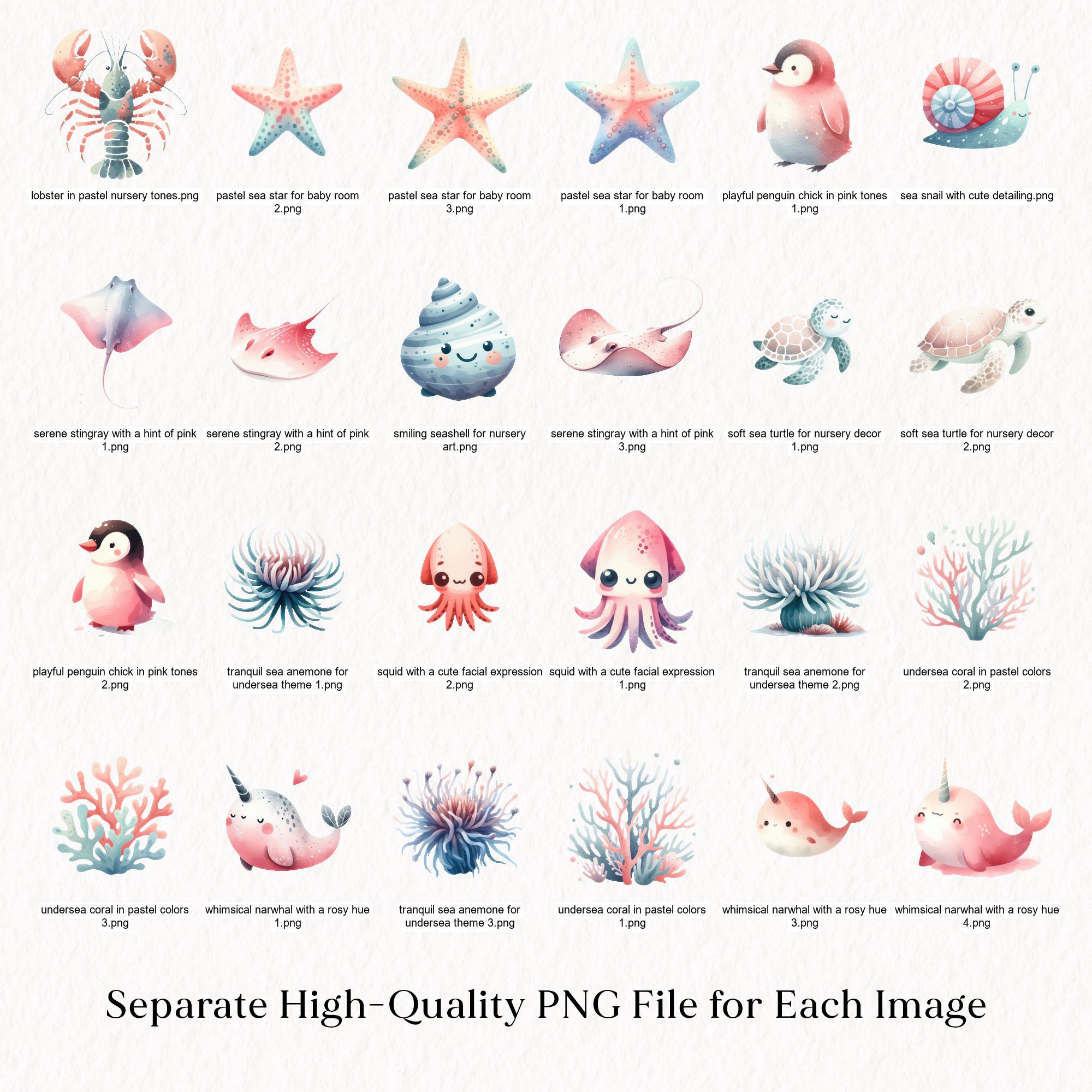 Ocean Animals Watercolor Clipart - Cute Undersea Nursery Decor, Whale ...