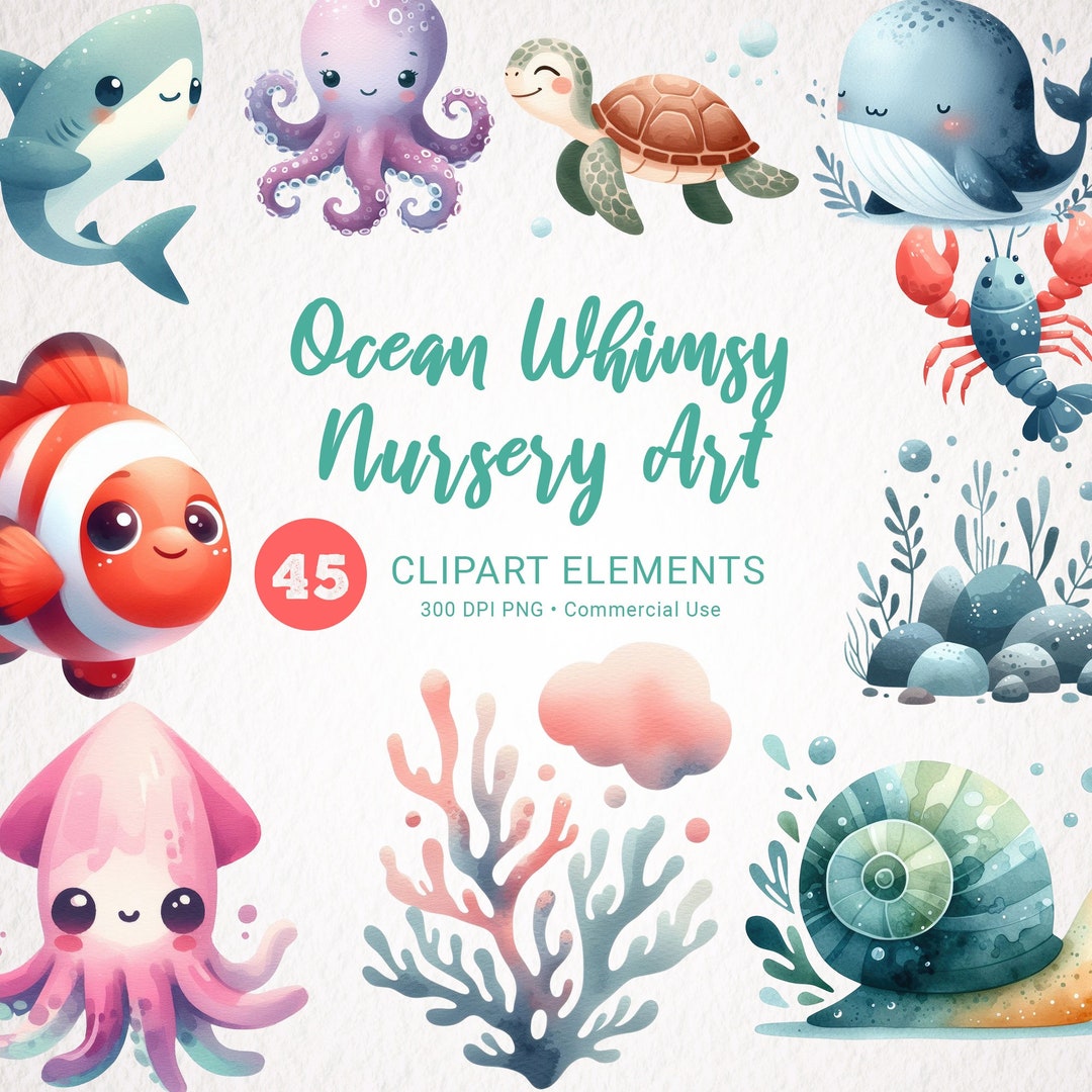 Ocean Animals Watercolor Clipart - Nursery Decor, Baby Wall Art, Baby ...