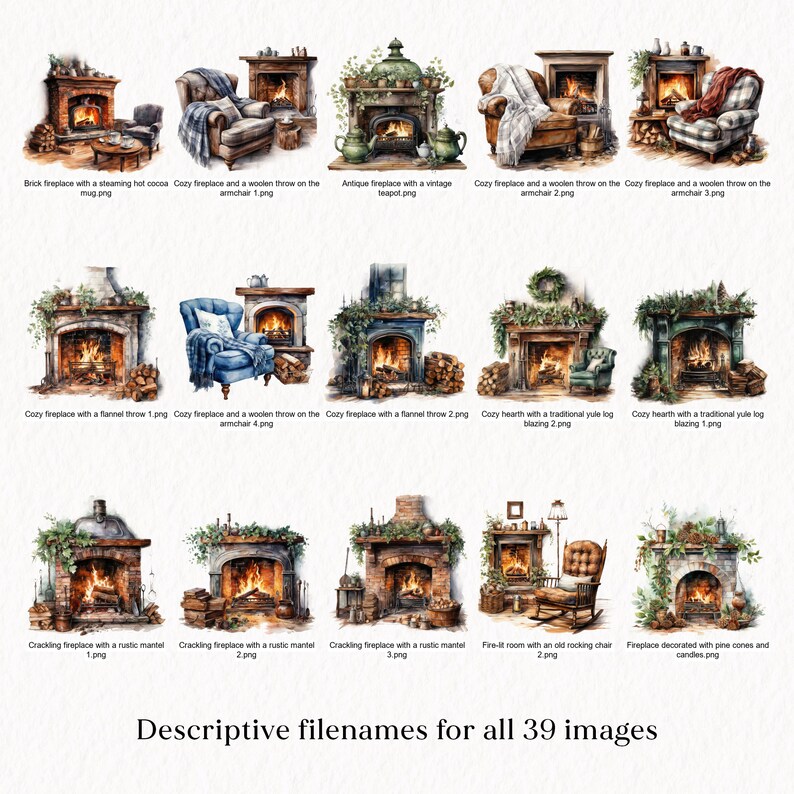 Cozy Fireplace Watercolor Clipart Bundle 39 Transparent PNG Images of ...