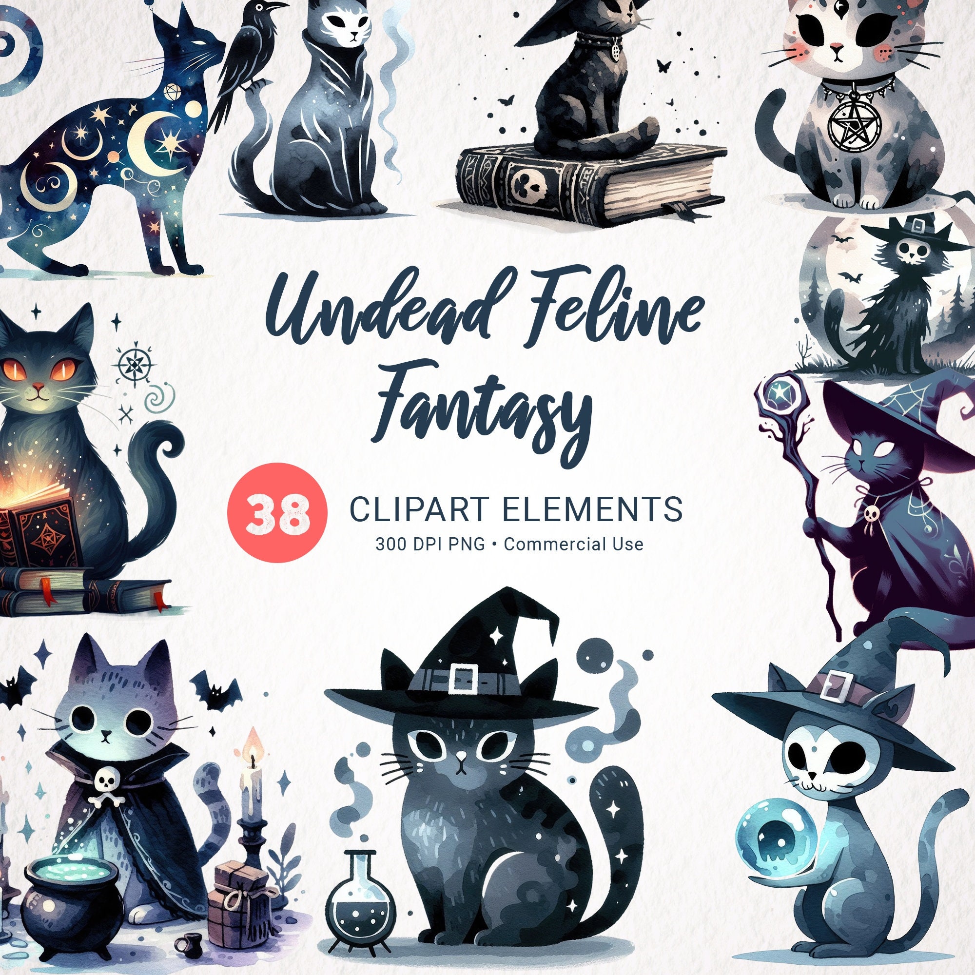 Fantasy Undead Cat Clipart Watercolor Witchcraft Bundle, Mystical Art ...