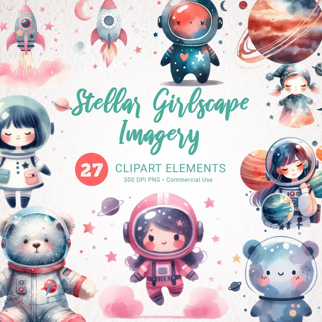 Space Girl Watercolor Clipart - Cute Astronaut PNG, Girly Planets Art ...