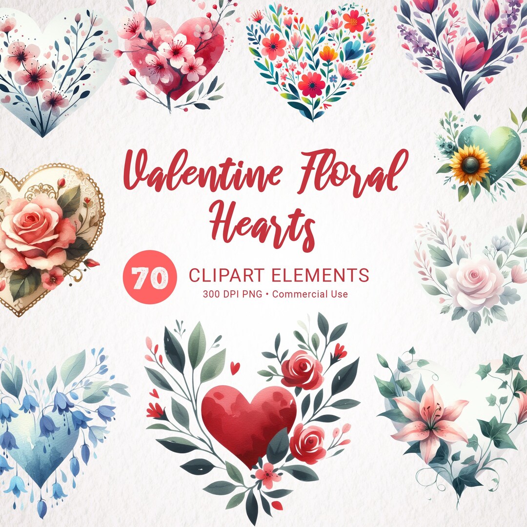 Valentines Day Heart Flower Watercolor Clipart Bundle, Floral Heart PNG ...