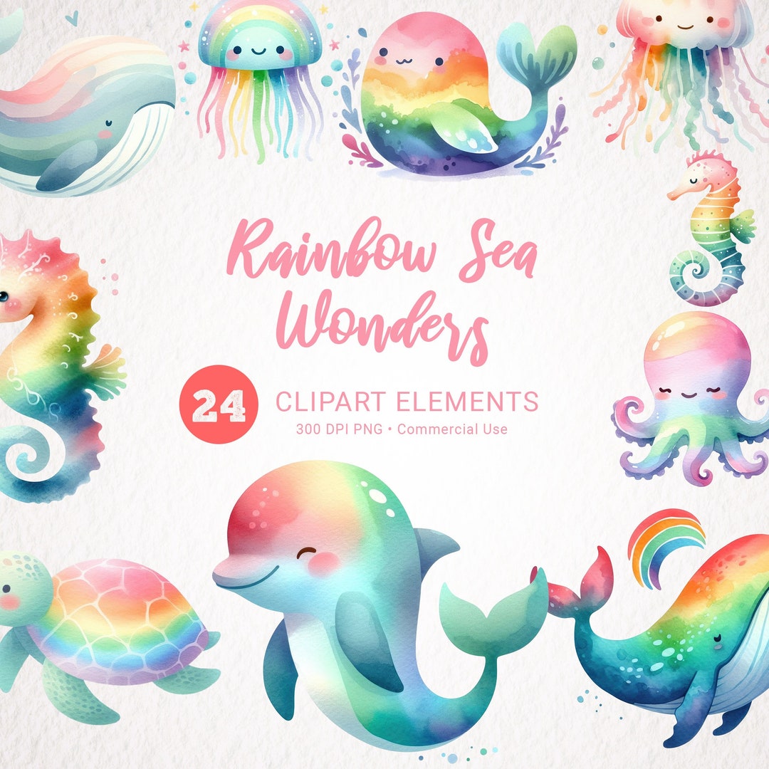 Undersea Watercolor Clipart - Cute Ocean Animals, Rainbow Whale ...