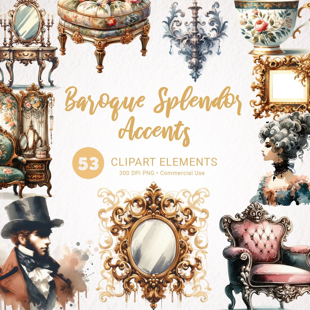 Baroque Vintage Watercolor Clipart Bundle - Furnitures, Clock, Perfume ...