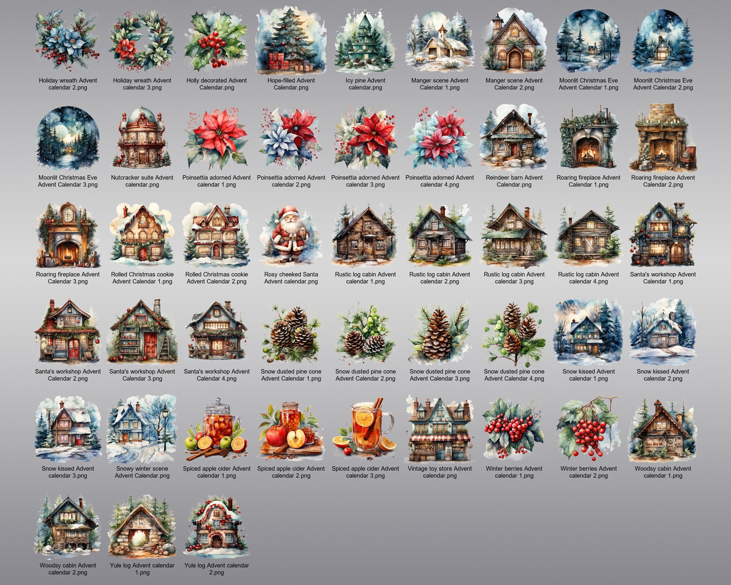 Advent Calendar Watercolor Clipart Bundle 156 PNG Transparent Images ...