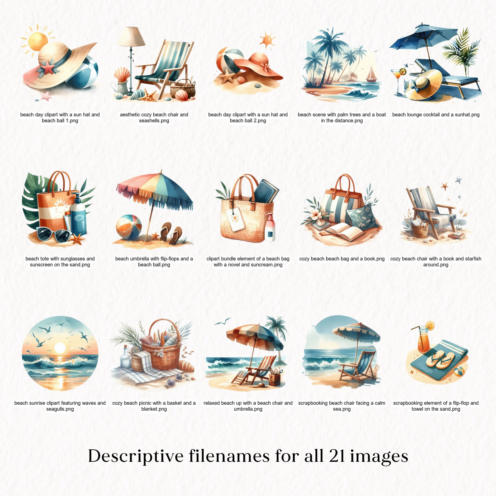 Beach Clipart Watercolor Bundle PNG, Beach Day Set, Beach Chair, Beach ...
