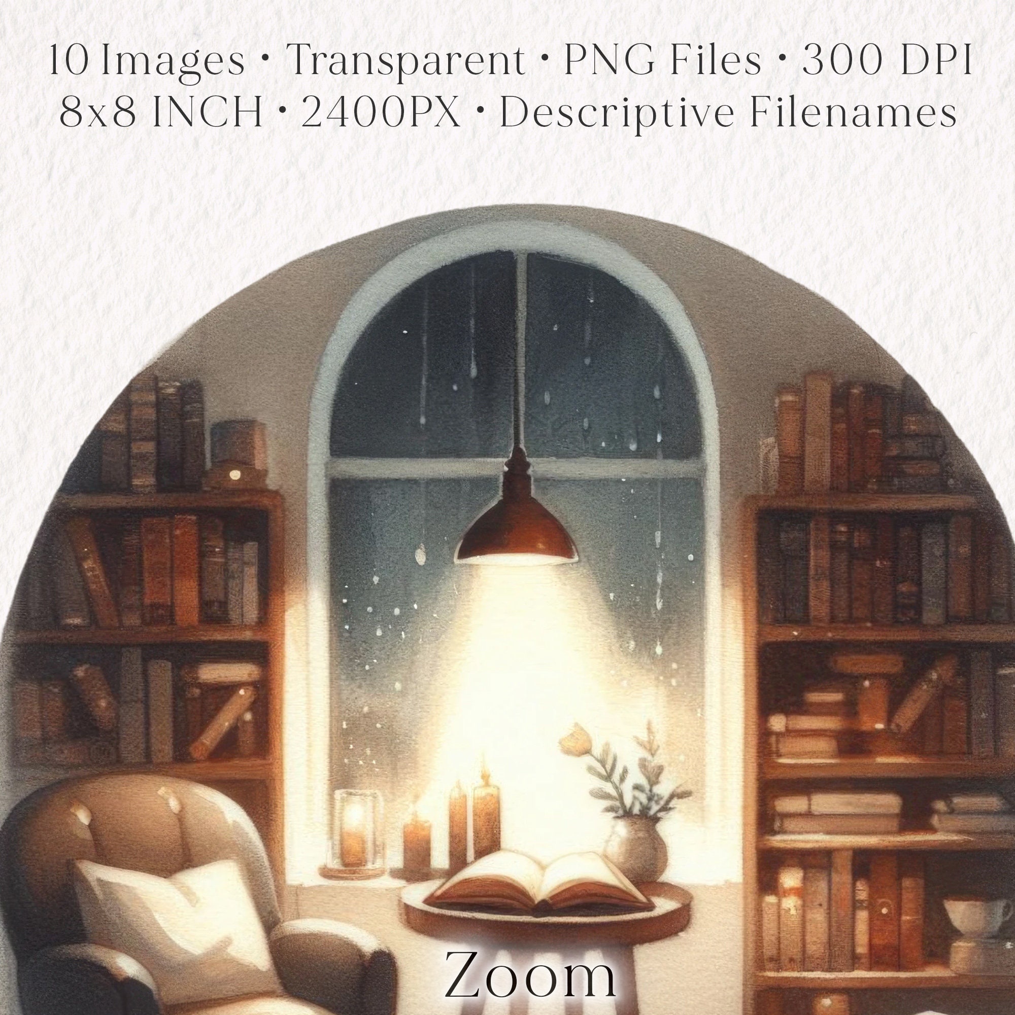 Reading Corner Clipart Bundle Cozy Library Watercolor, Bookcase and ...