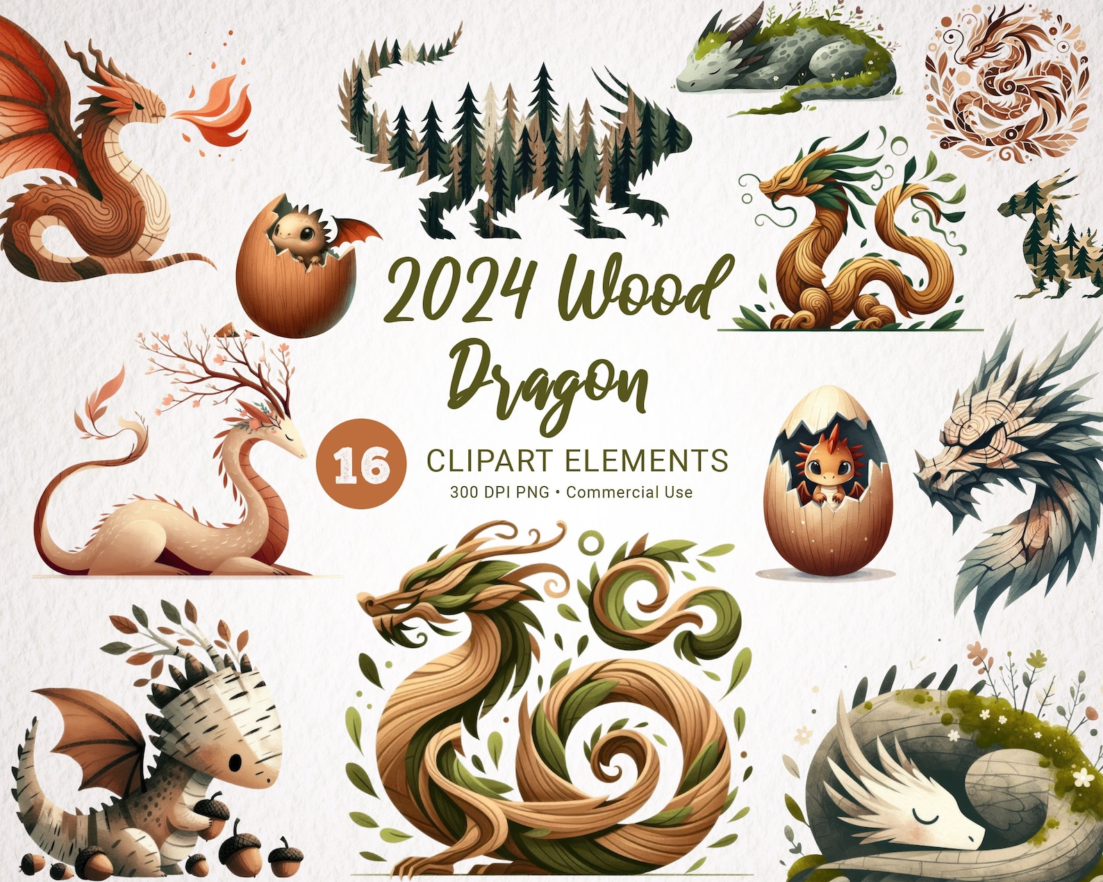 2024 Wood Dragon Watercolor Clipart Bundle - 16 Transparent Fantasy ...