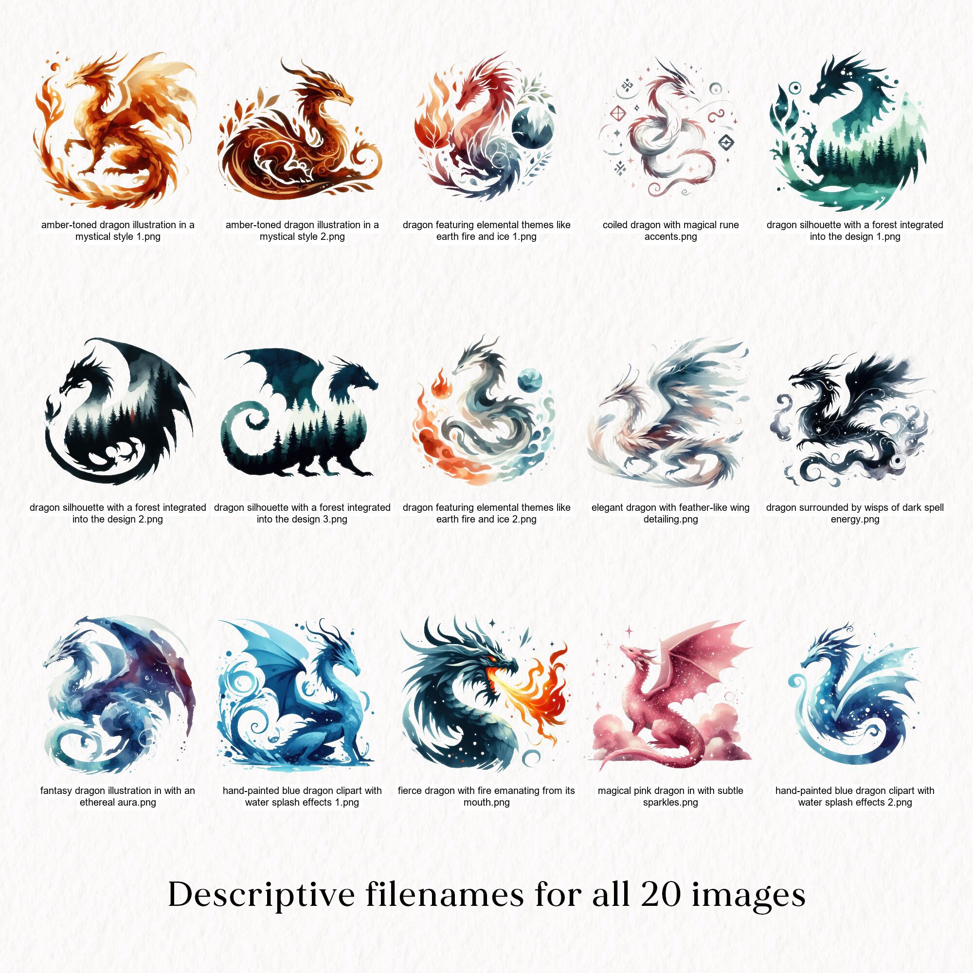 Dragons Watercolor Clipart Fantasy Bundle Mystical Magic Colored Dragon ...