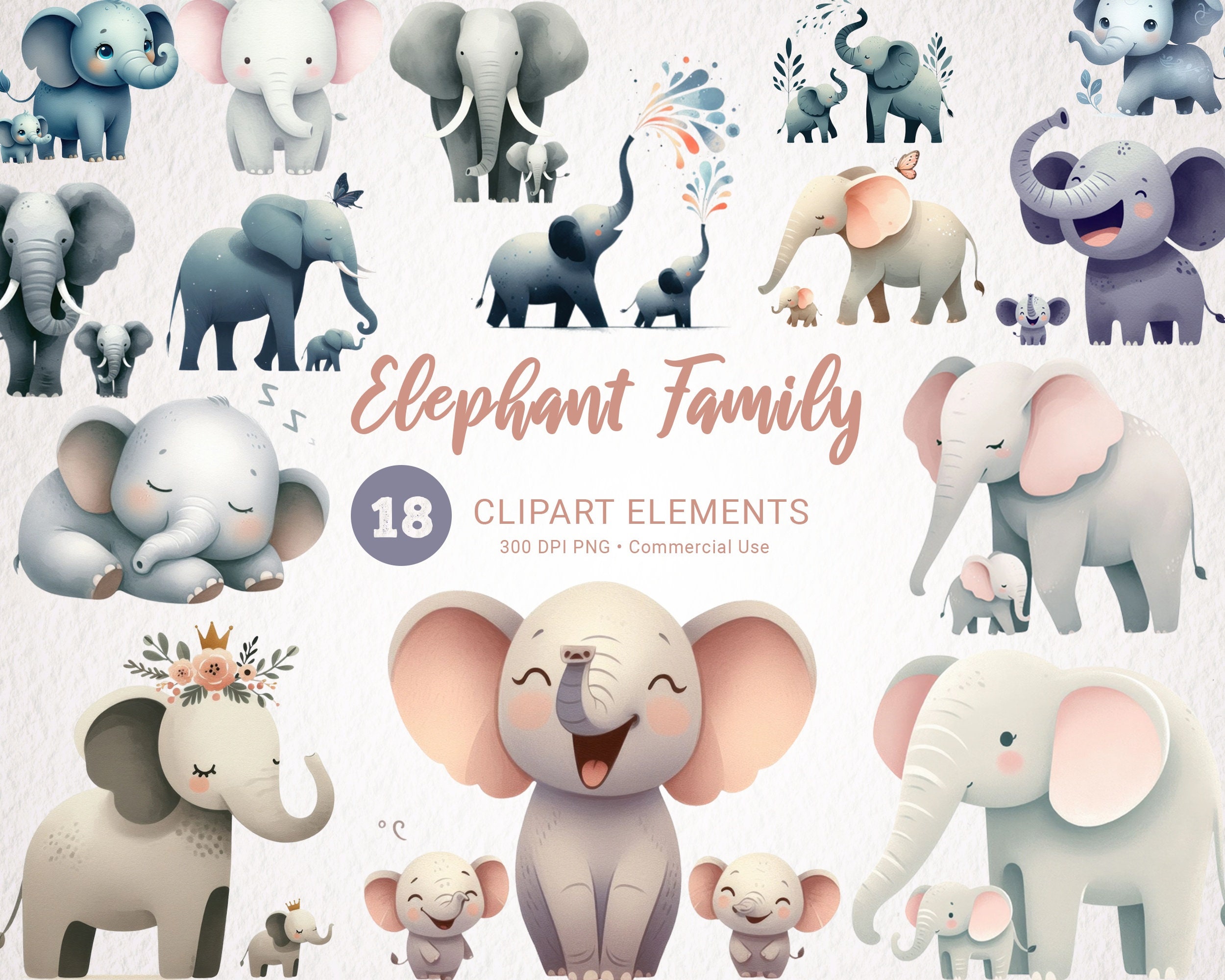 Elephant Family Watercolor Clipart Bundle 18 High Quality Transparent ...