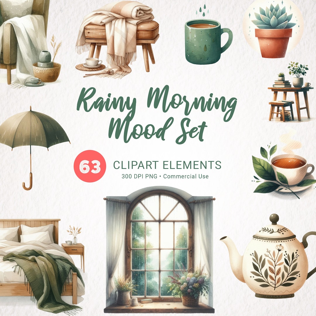 Rainy Morning Watercolor Clipart Bundle - Gloomy Weather, Cozy Autumn ...