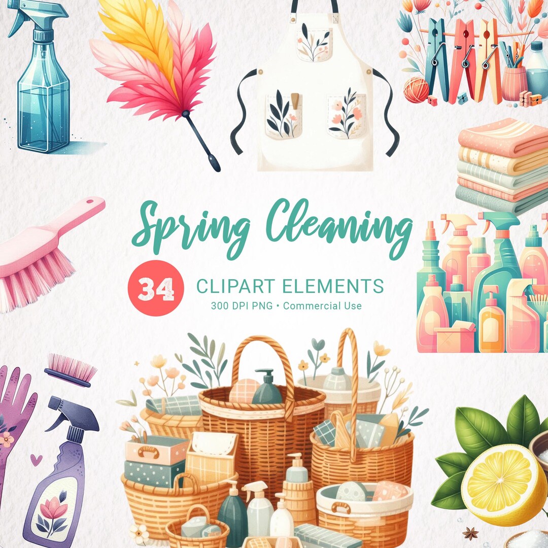 Spring Cleaning Watercolor Clipart Bundle - 34 Transparent PNG Images ...