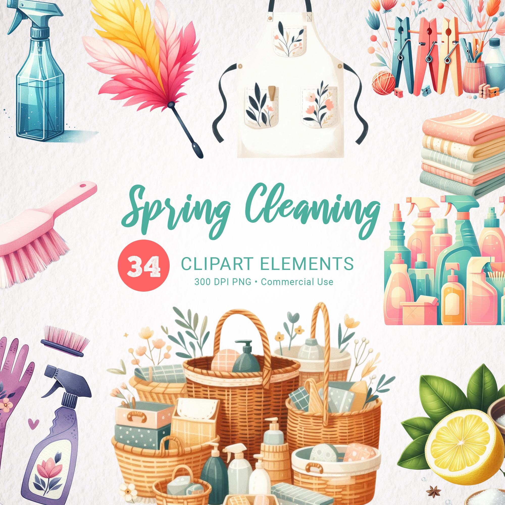 Spring Cleaning Watercolor Clipart Bundle 34 Transparent PNG Images ...