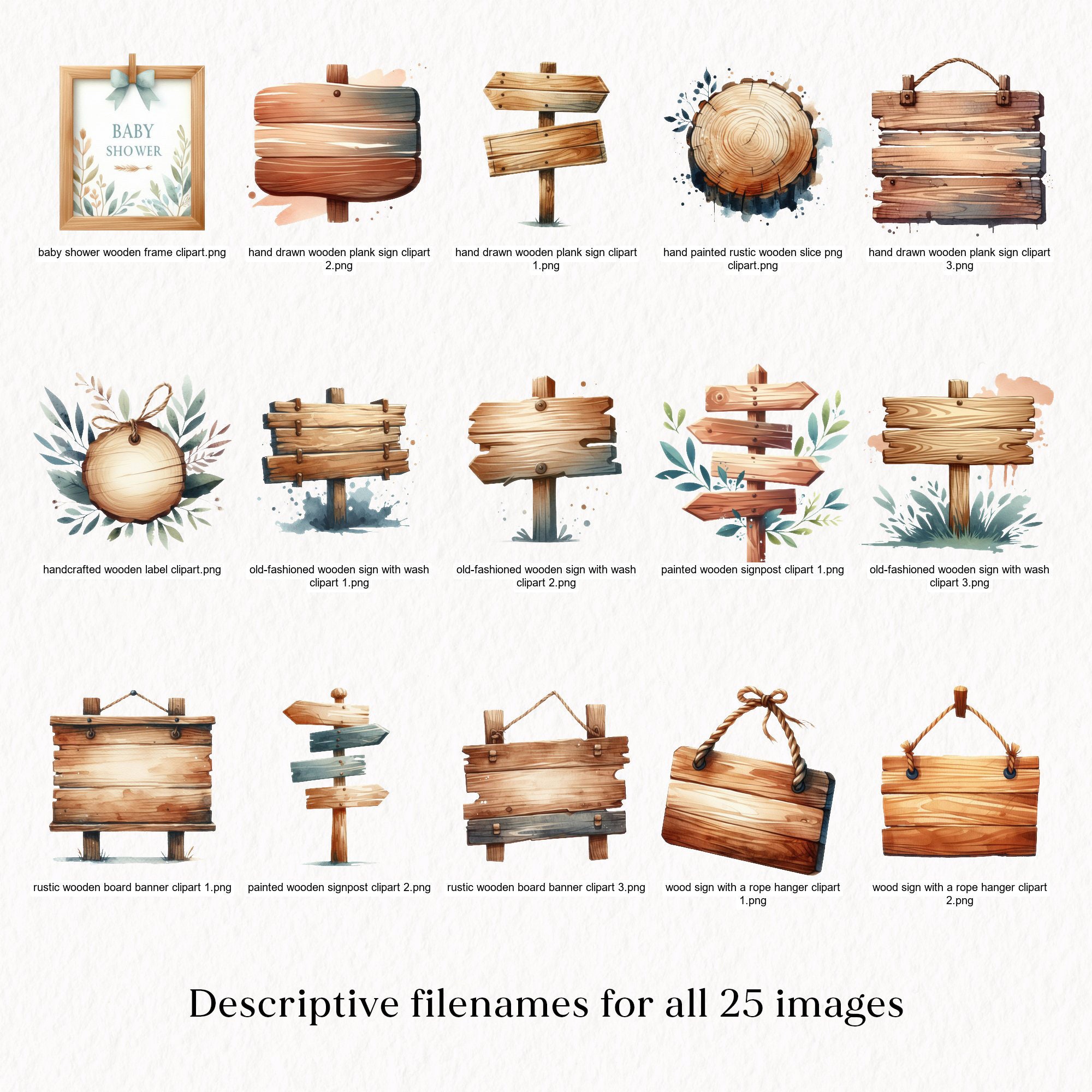 Hand Painted Watercolor Wooden Signs Clipart - Instant Download Digital ...