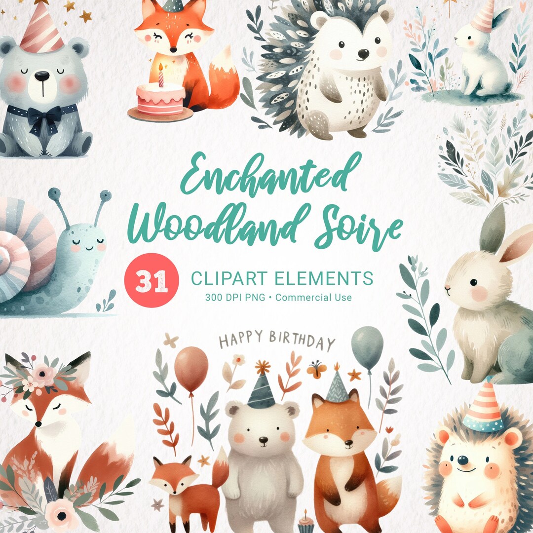 Woodland Birthday Party Clipart, Forest Animals Watercolor, Nursery ...