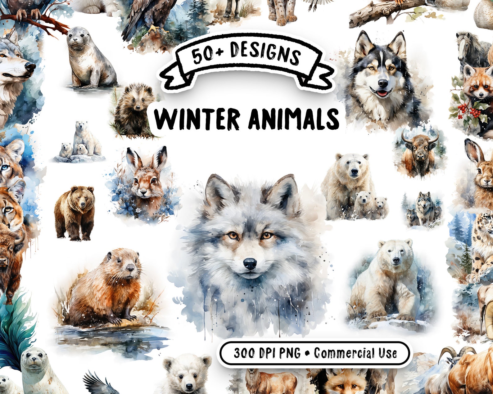Winter Animals Watercolor Clipart Bundle 57 PNG Transparent Images High ...