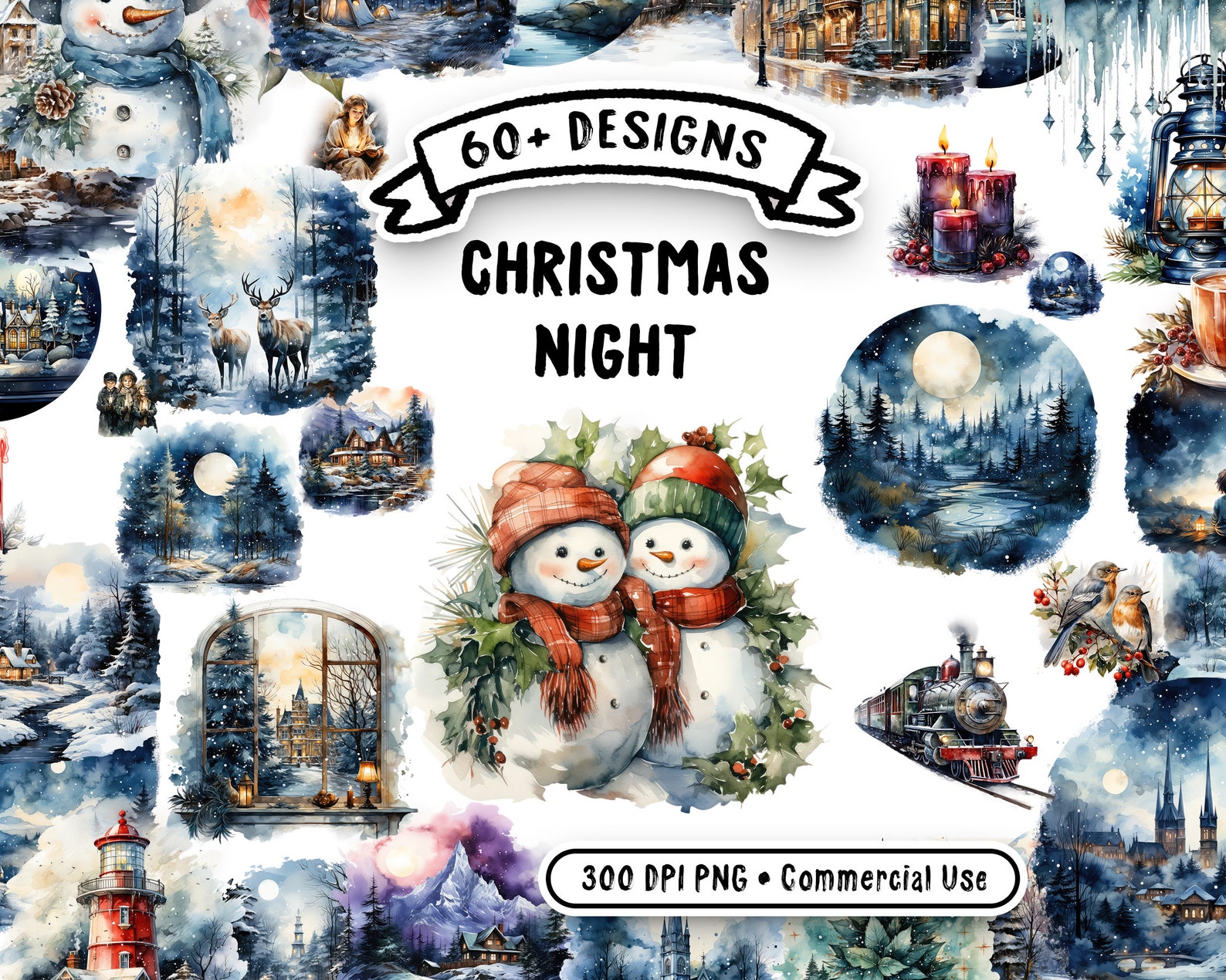 Christmas Night Watercolor Clipart Bundle 68 High Quality Pngs, Holiday ...