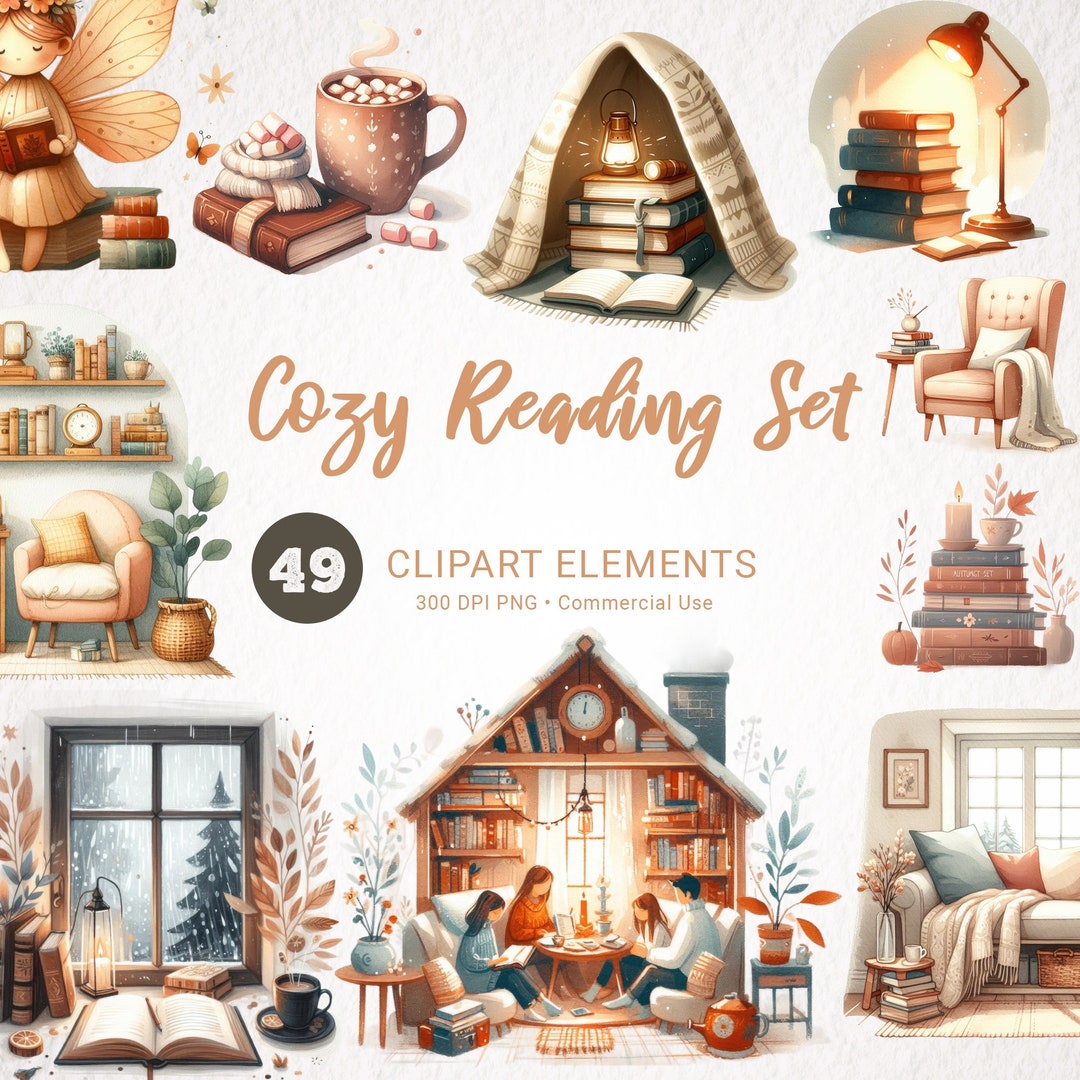 Cozy Reading Clipart Bundle, Watercolor Cottagecore Bookworm, Pinecones ...