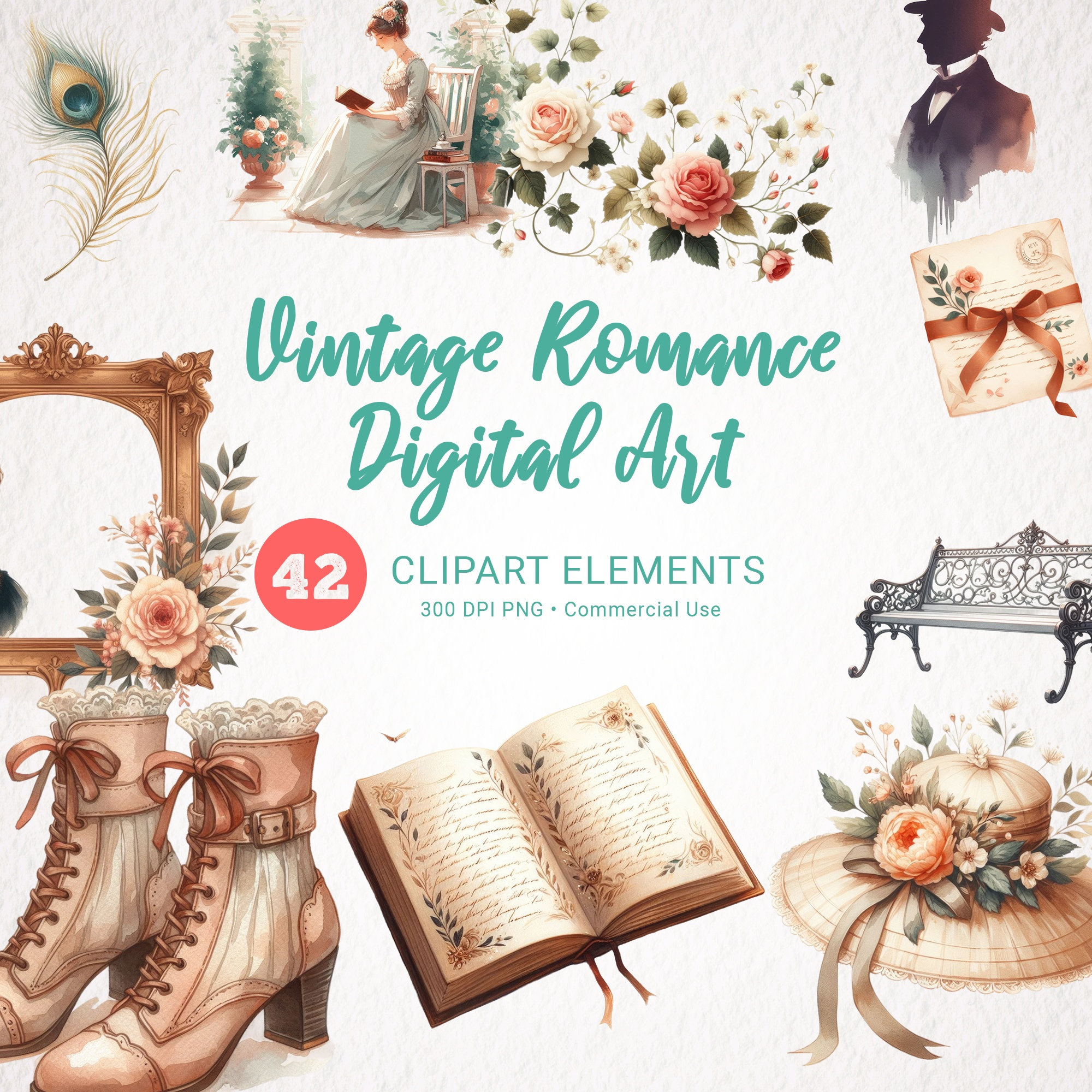 Vintage Romance Watercolor Clipart Bundle Regency Elizabeth Bennet ...