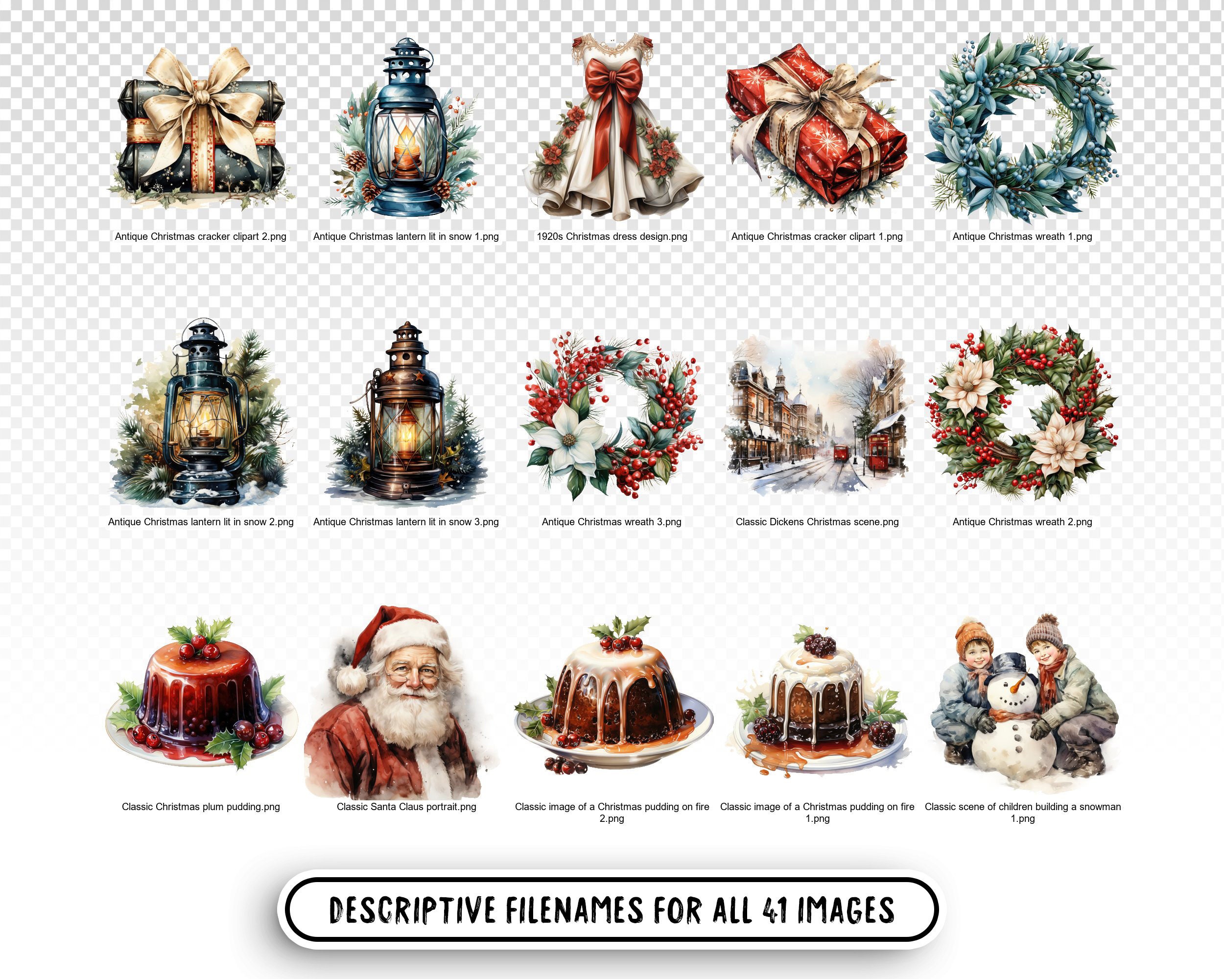 Vintage Christmas Watercolor Clipart Bundle 41 High-quality Pngs ...