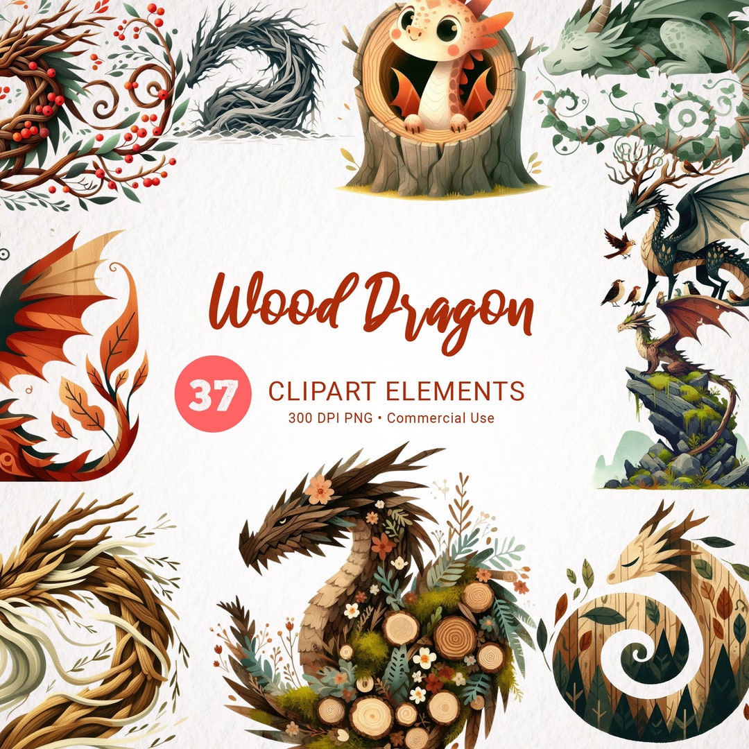 Wood Dragon Watercolor Clipart Bundle - 37 Quality Pngs, Forest Themed ...
