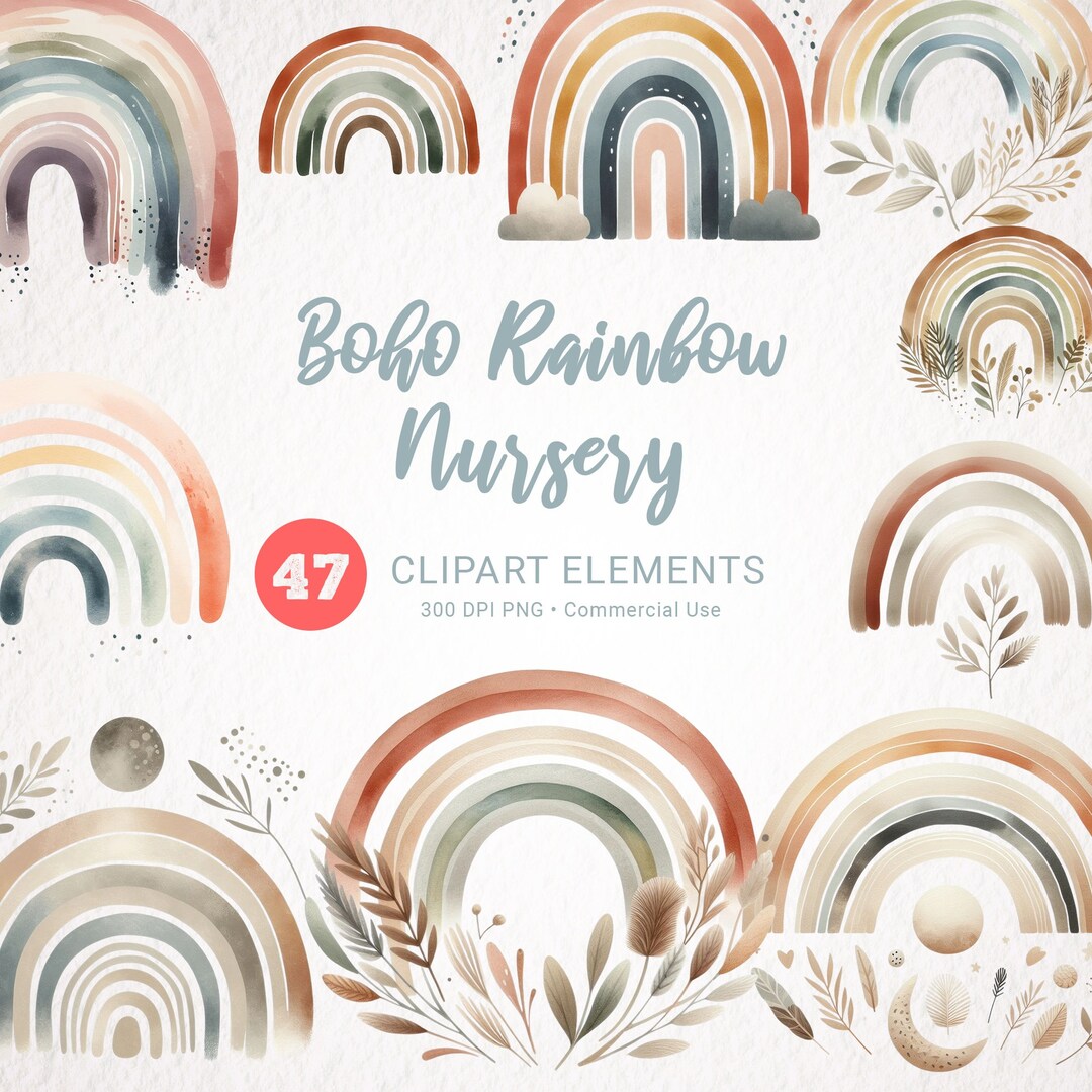 Watercolor Rainbow Clipart Boho - Nursery Decor, Baby Shower Art ...