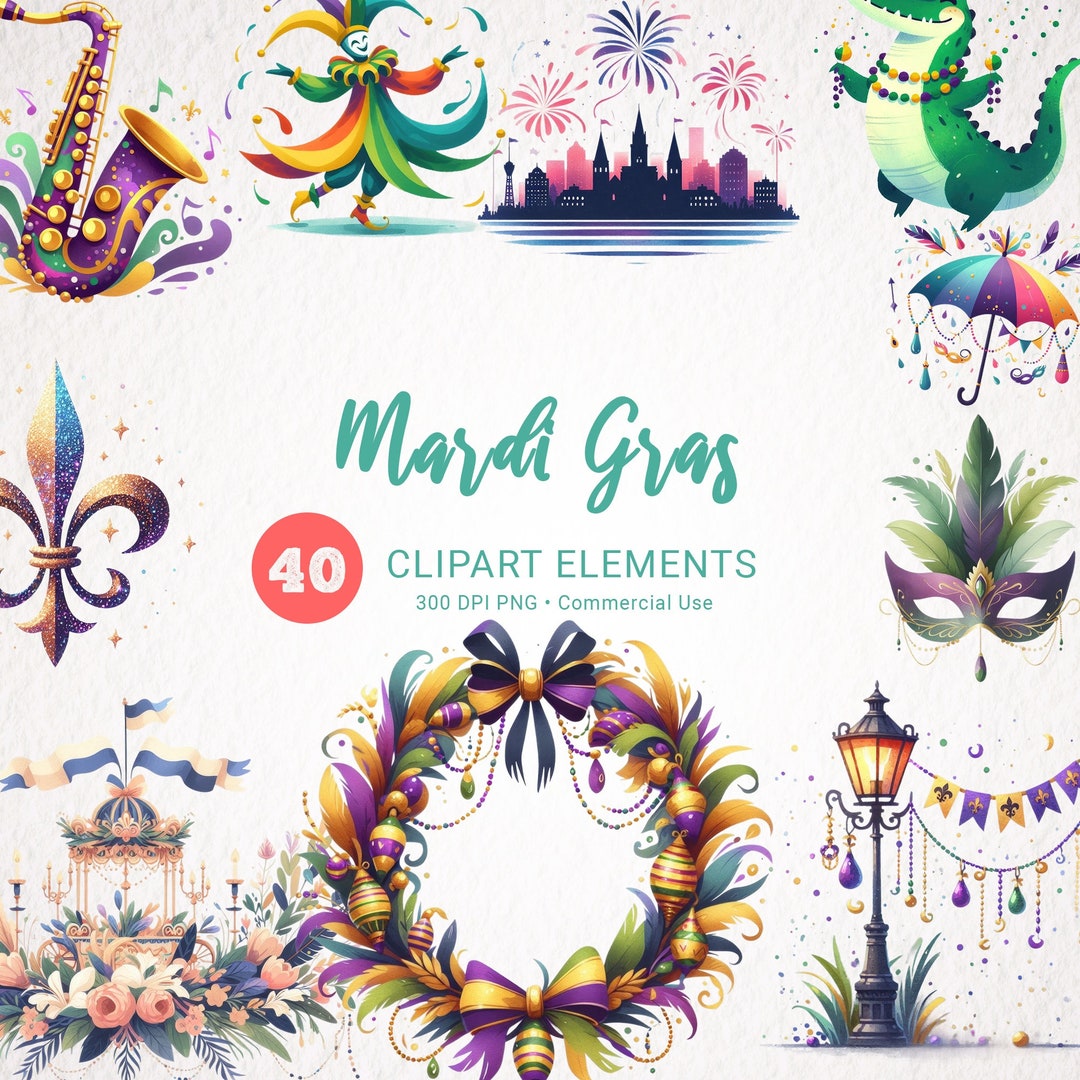 Mardi Gras Watercolor Clipart Bundle - 40 High-quality Pngs, Festive ...