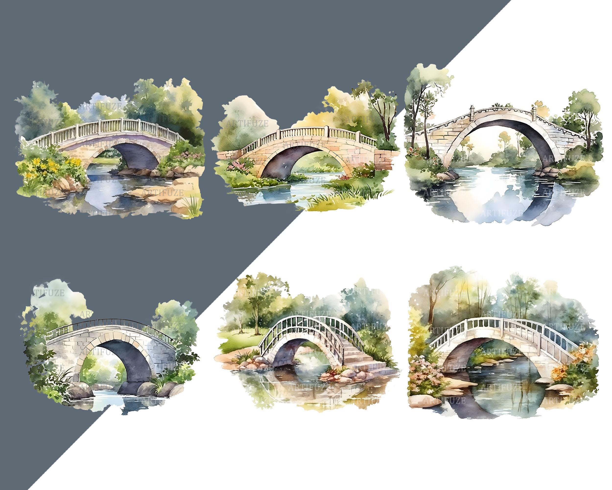 Watercolor Bridge Over the Clipart Bundle 10 High-quality - Etsy