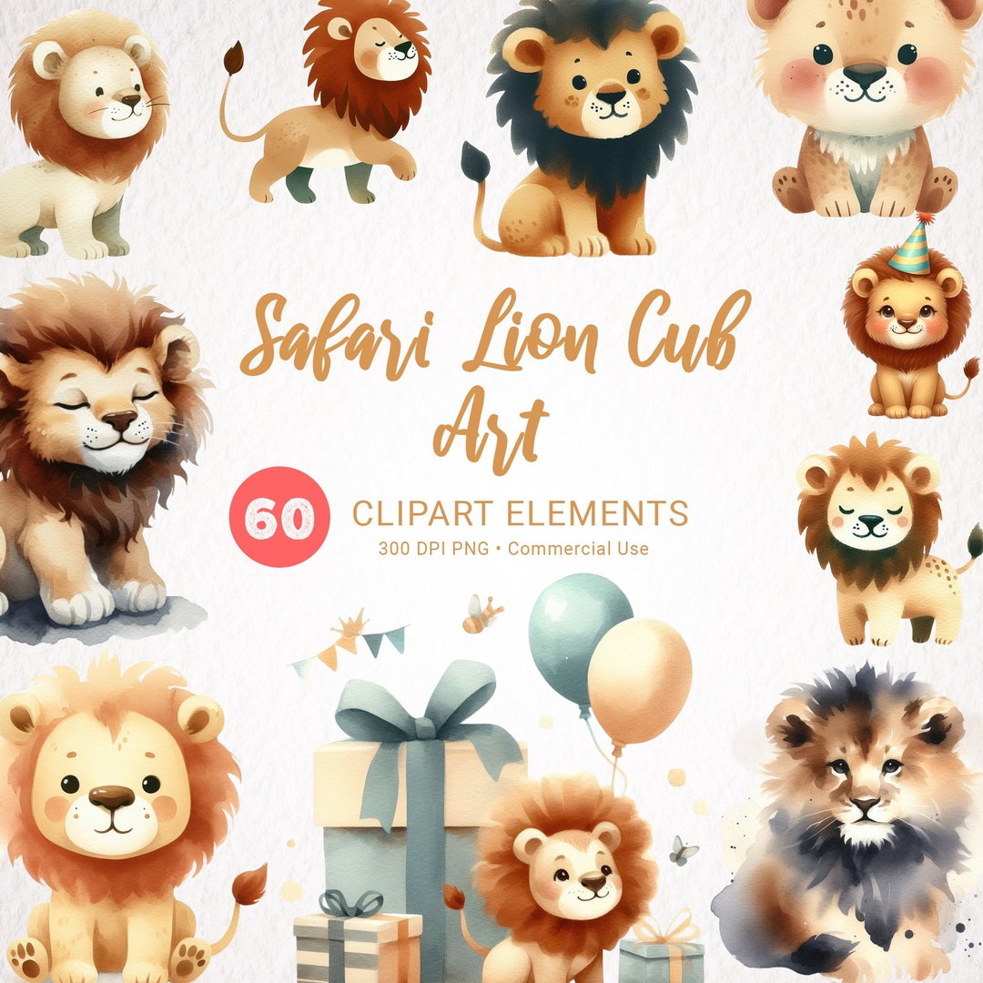 Baby Lion Watercolor Clipart - Cute Safari Animal PNG for Nursery Decor ...