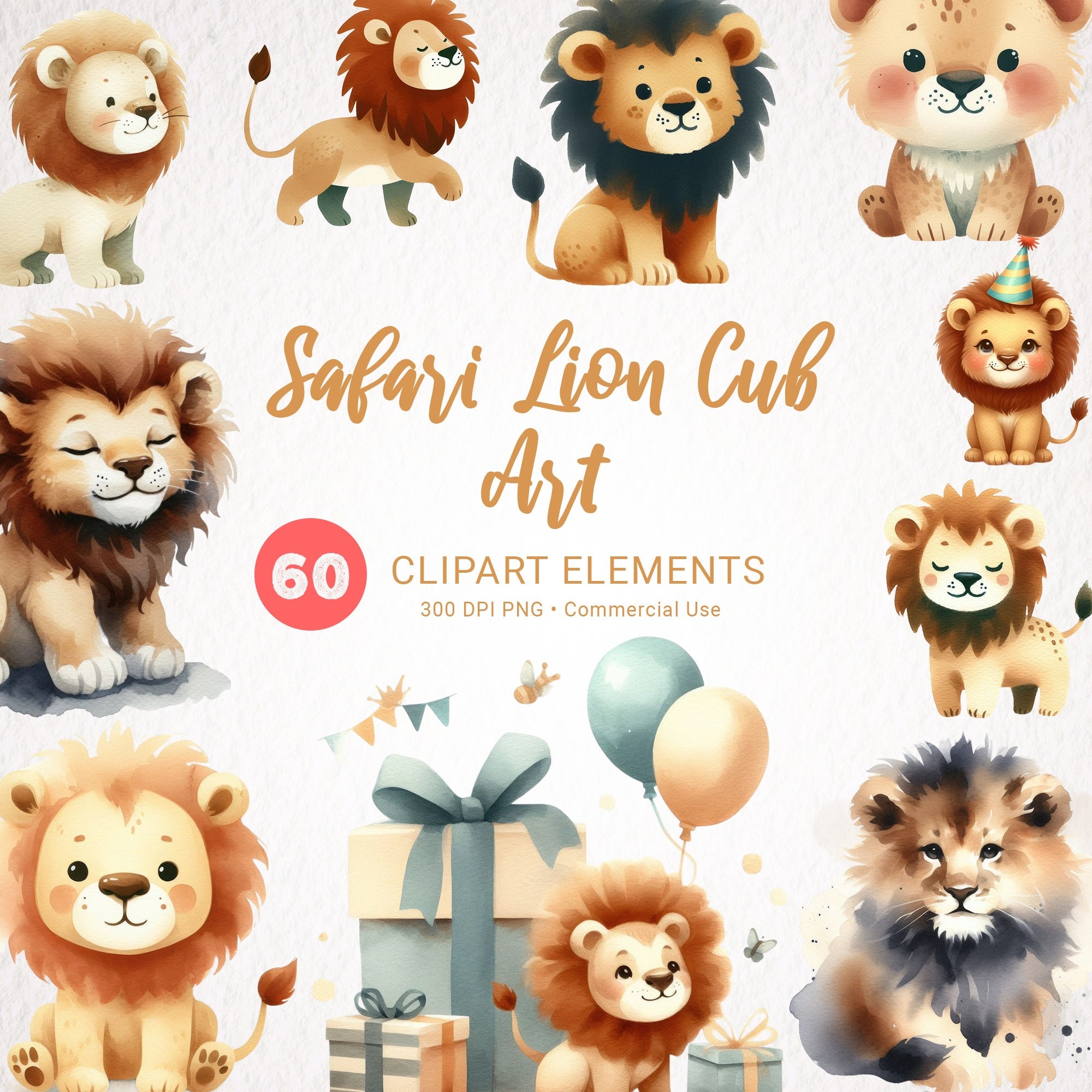 Baby Lion Watercolor Clipart Cute Safari Animal PNG for Nursery Decor ...
