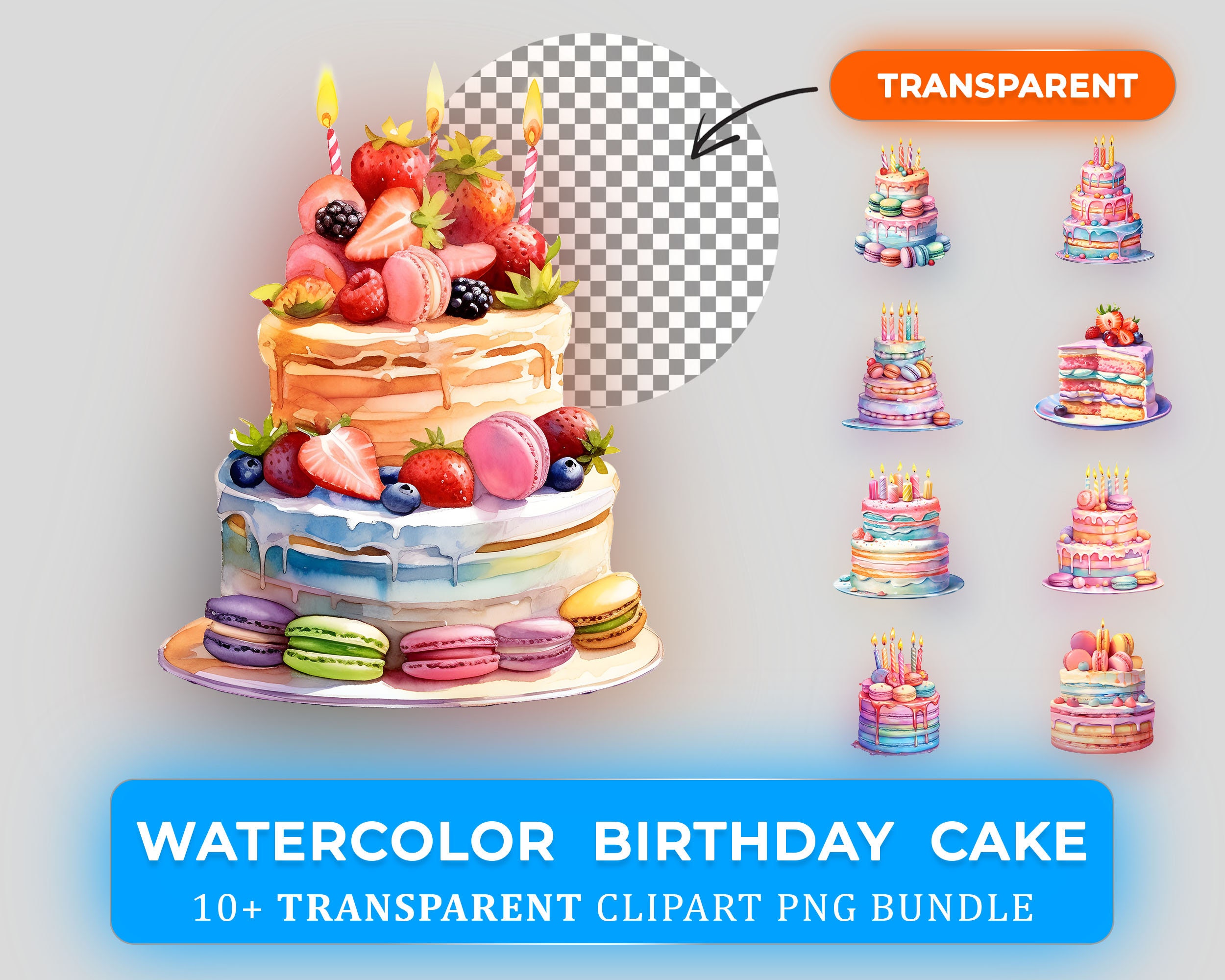 Watercolor Birthday Cake Clipart Bundle 10 Pngs for Invites, Scrapbooks ...