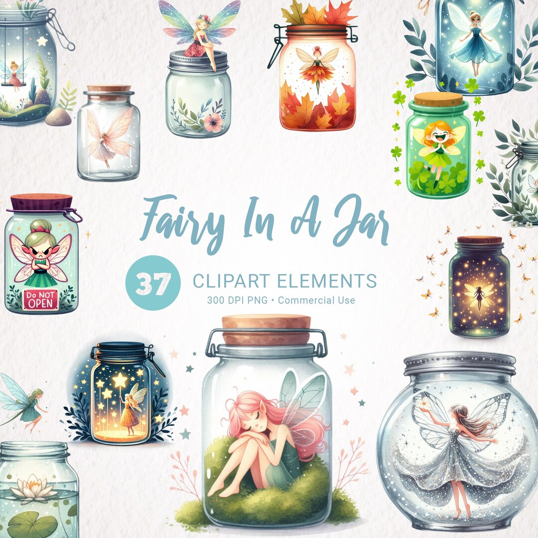 Fairy in a Jar Watercolor Clipart Bundle - 37 Transparent PNG Images ...
