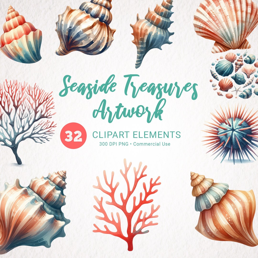 Seashell Watercolor Clipart - Nautical Summer, Starfish & Conch PNG ...