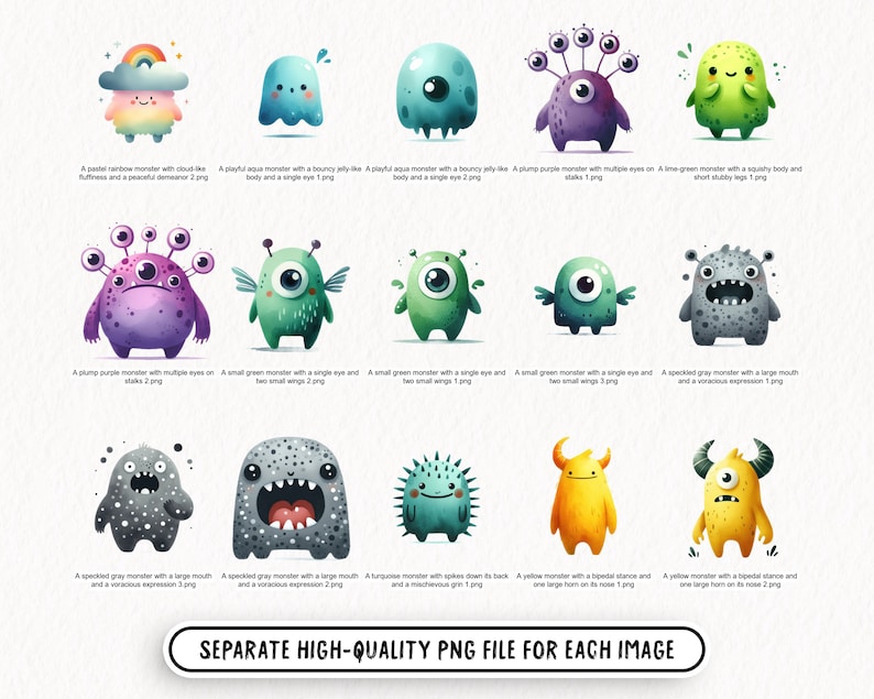 Cute Monsters Watercolor Clipart Bundle - 35 PNG Transparent Images ...