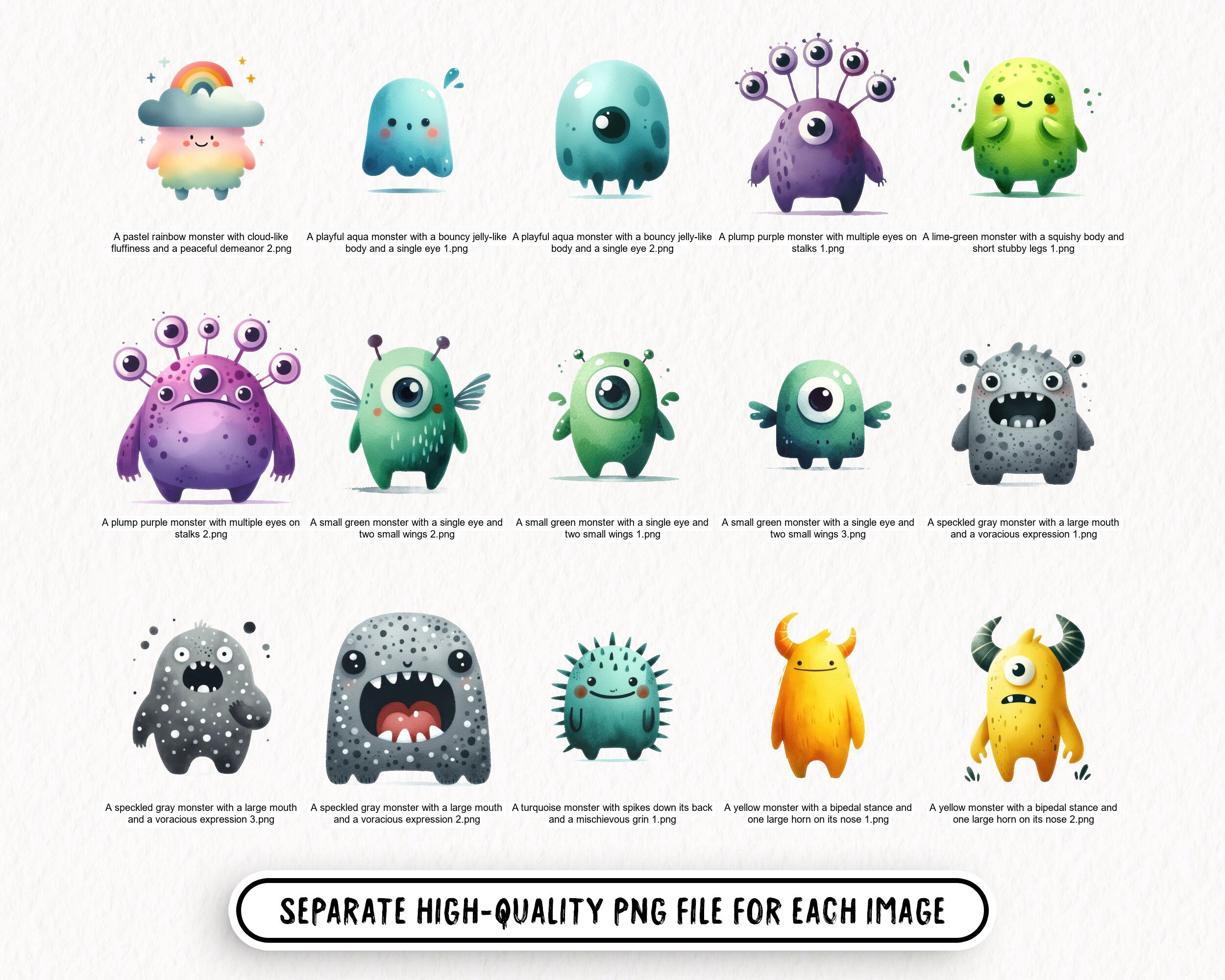 Cute Monsters Watercolor Clipart Bundle - 35 PNG Transparent Images ...