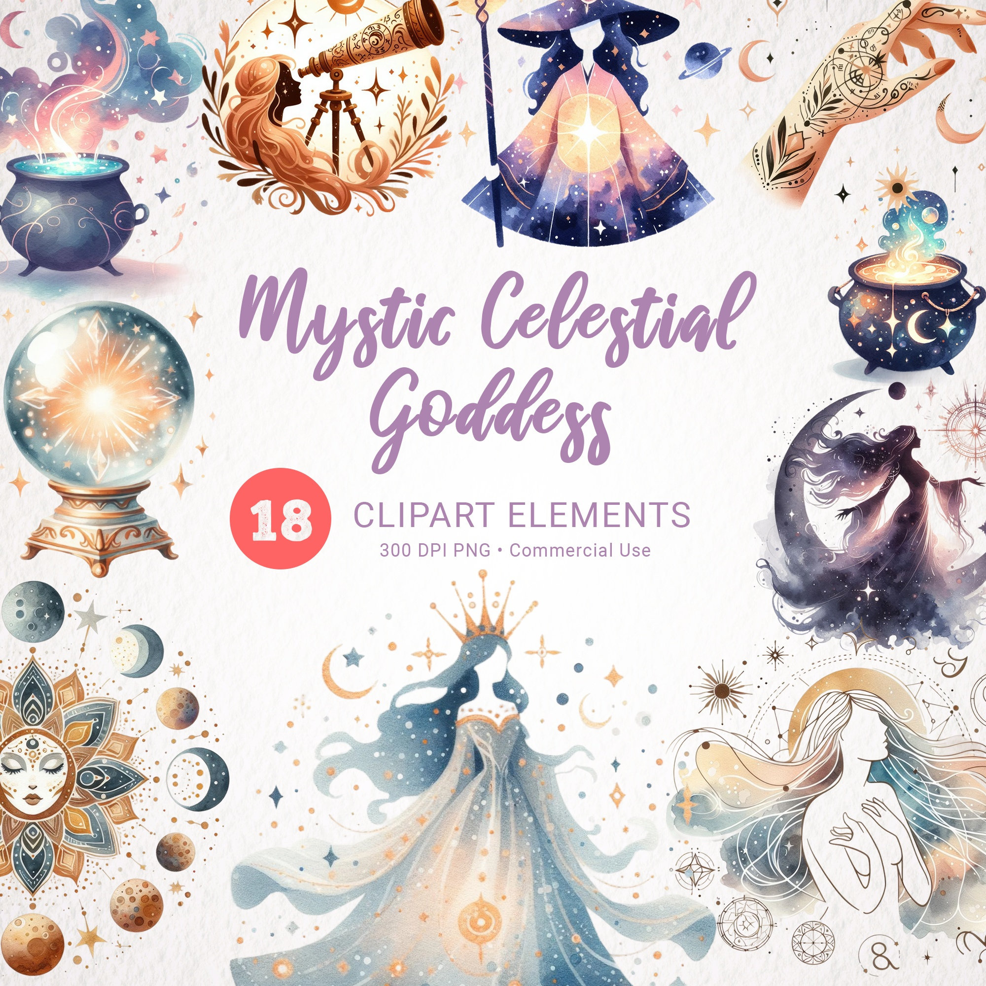 Celestial Goddess Clipart Bundle - Magical Occult Astrology Wiccan Scrapbooking, Instant ...