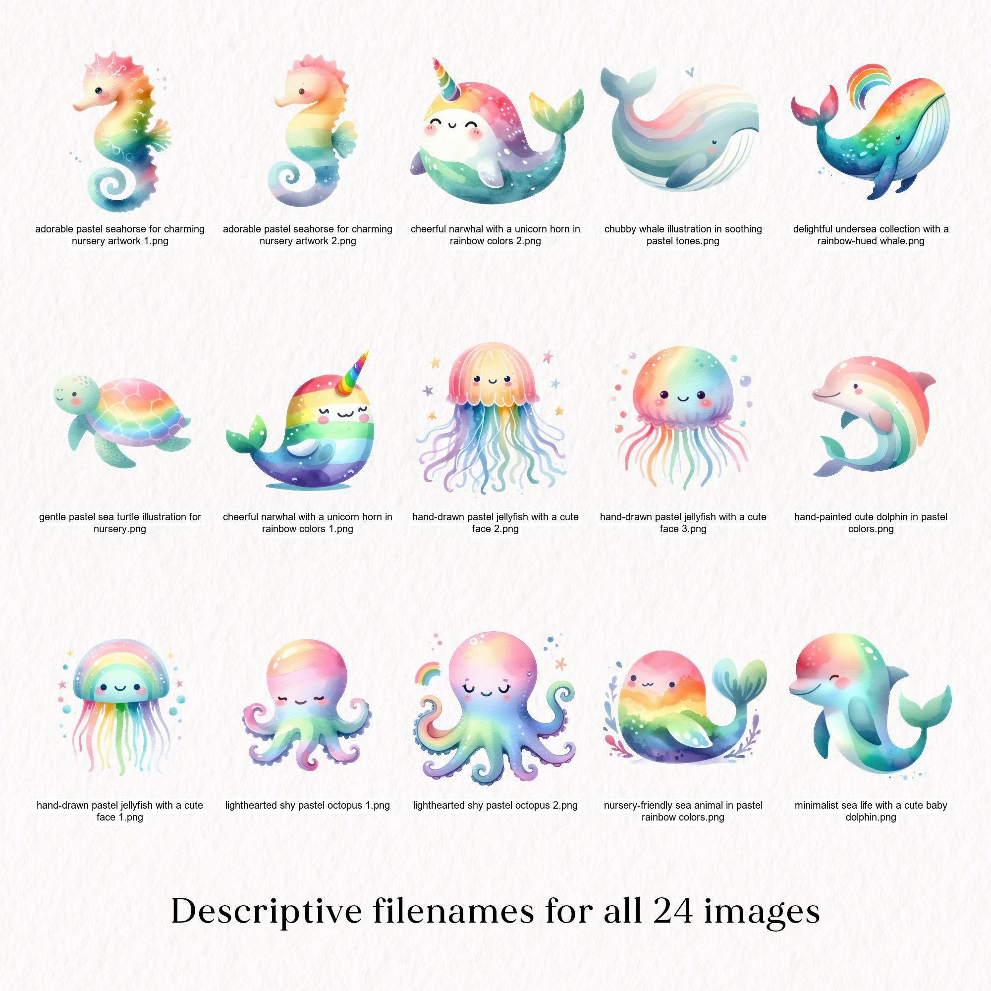 Undersea Watercolor Clipart Cute Ocean Animals, Rainbow Whale ...