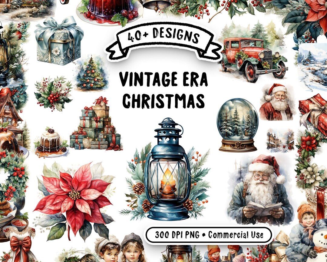 Vintage Christmas Watercolor Clipart Bundle - 41 High-quality Pngs ...