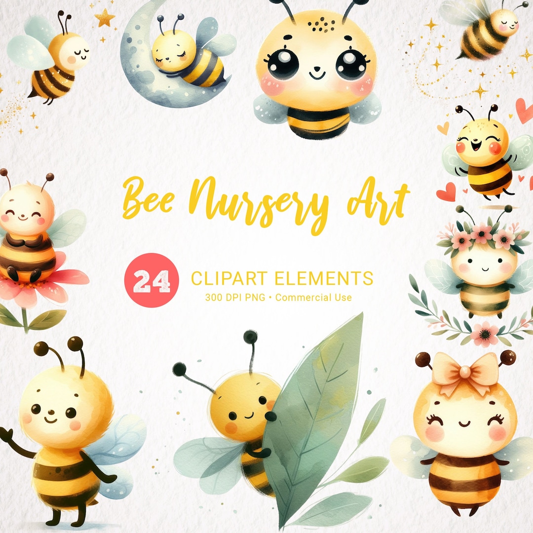 Baby Bee Watercolor Clipart - Nursery Decor Clip Art, Baby Shower ...