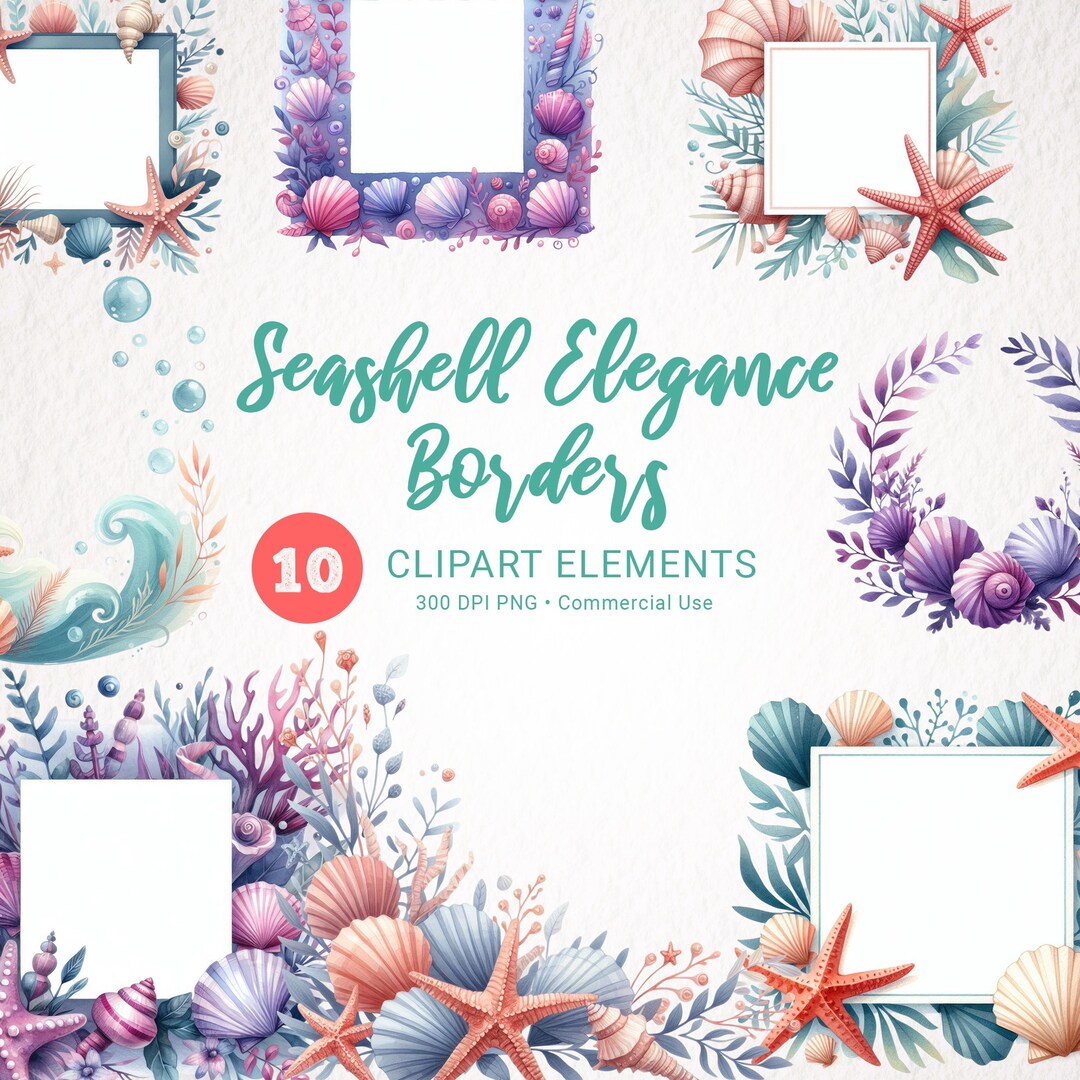 Nautical Watercolor Seashells Frames, Underwater Border PNG, Digital Download Clipart - Etsy