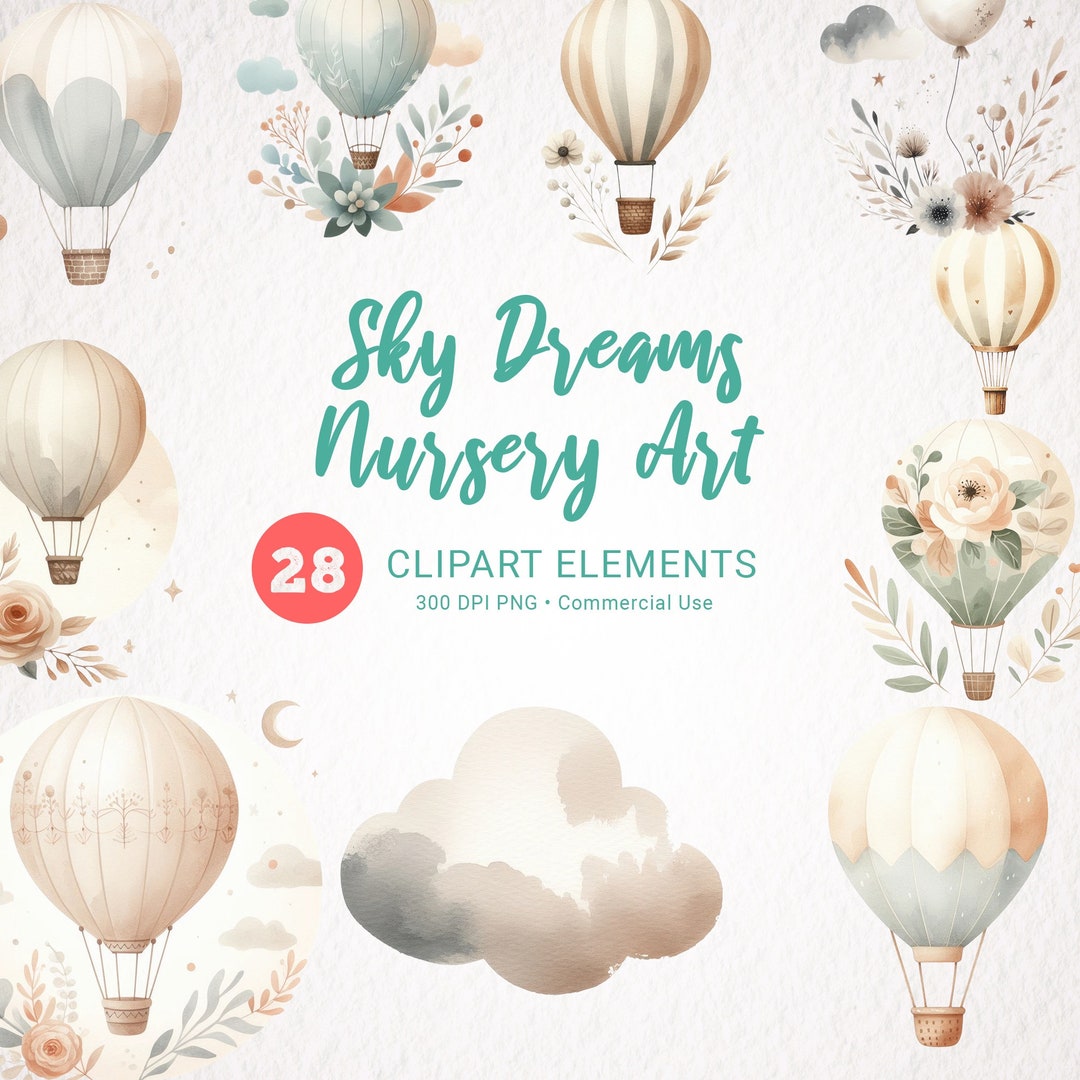 Hot Air Balloon Watercolor Clipart - Nursery Decor Baby Wall Art ...