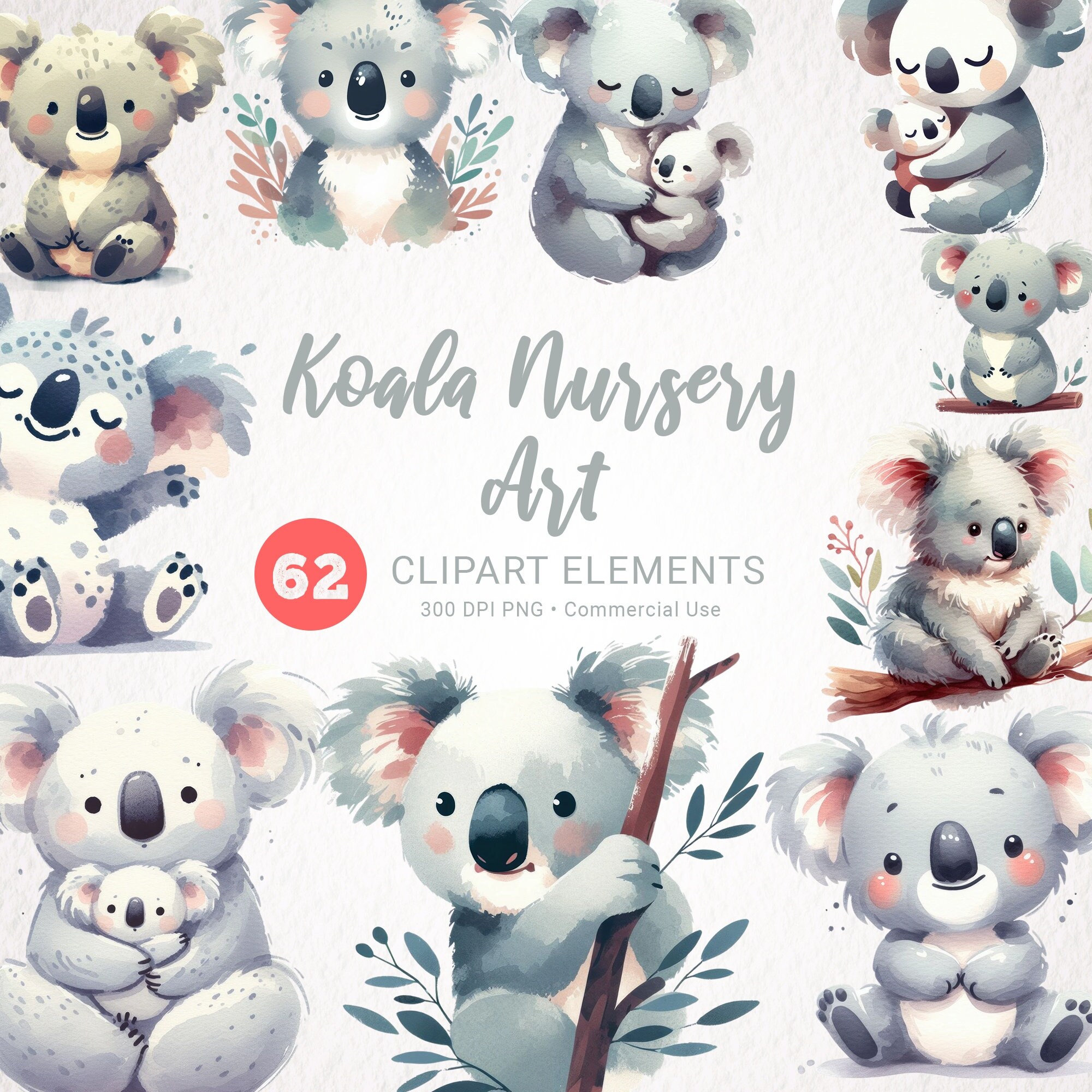 Koala Watercolor Clipart Cute Koala PNG for Nursery Decor & Baby Shower ...