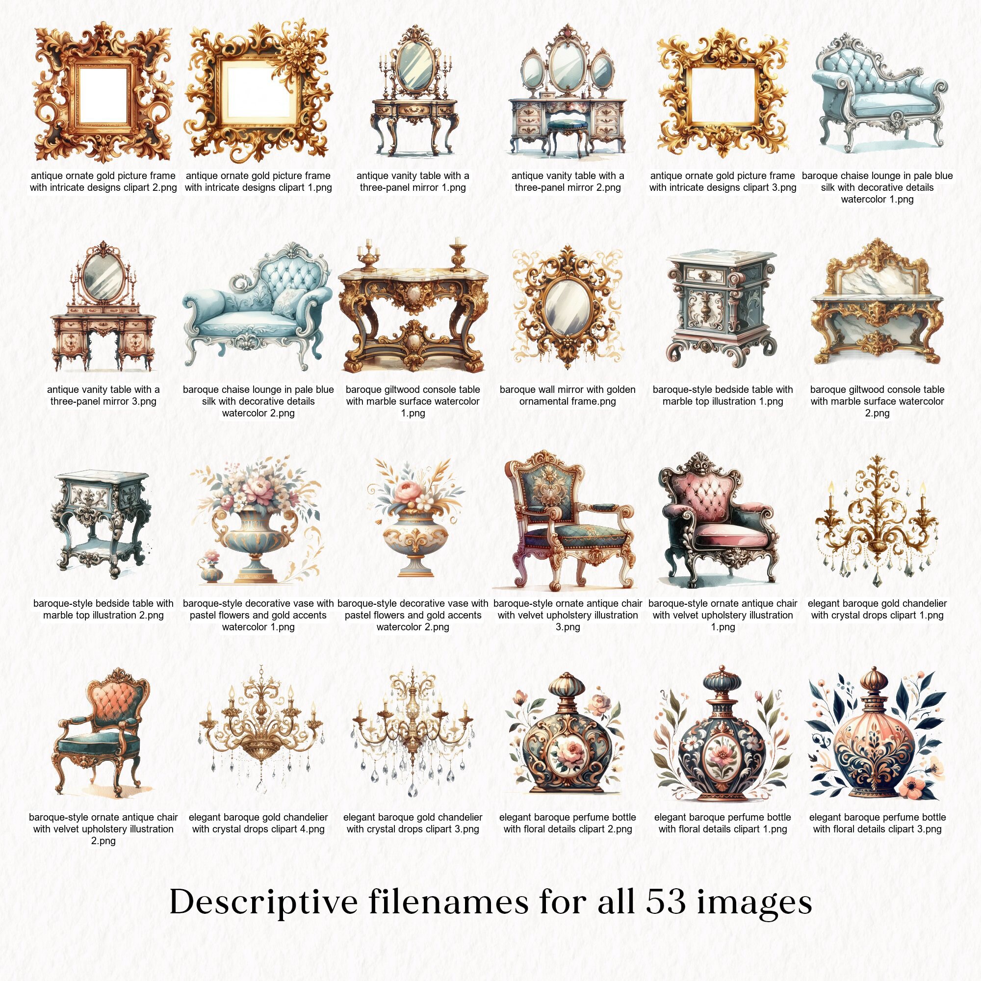 Baroque Vintage Watercolor Clipart Bundle Furnitures, Clock, Perfume ...